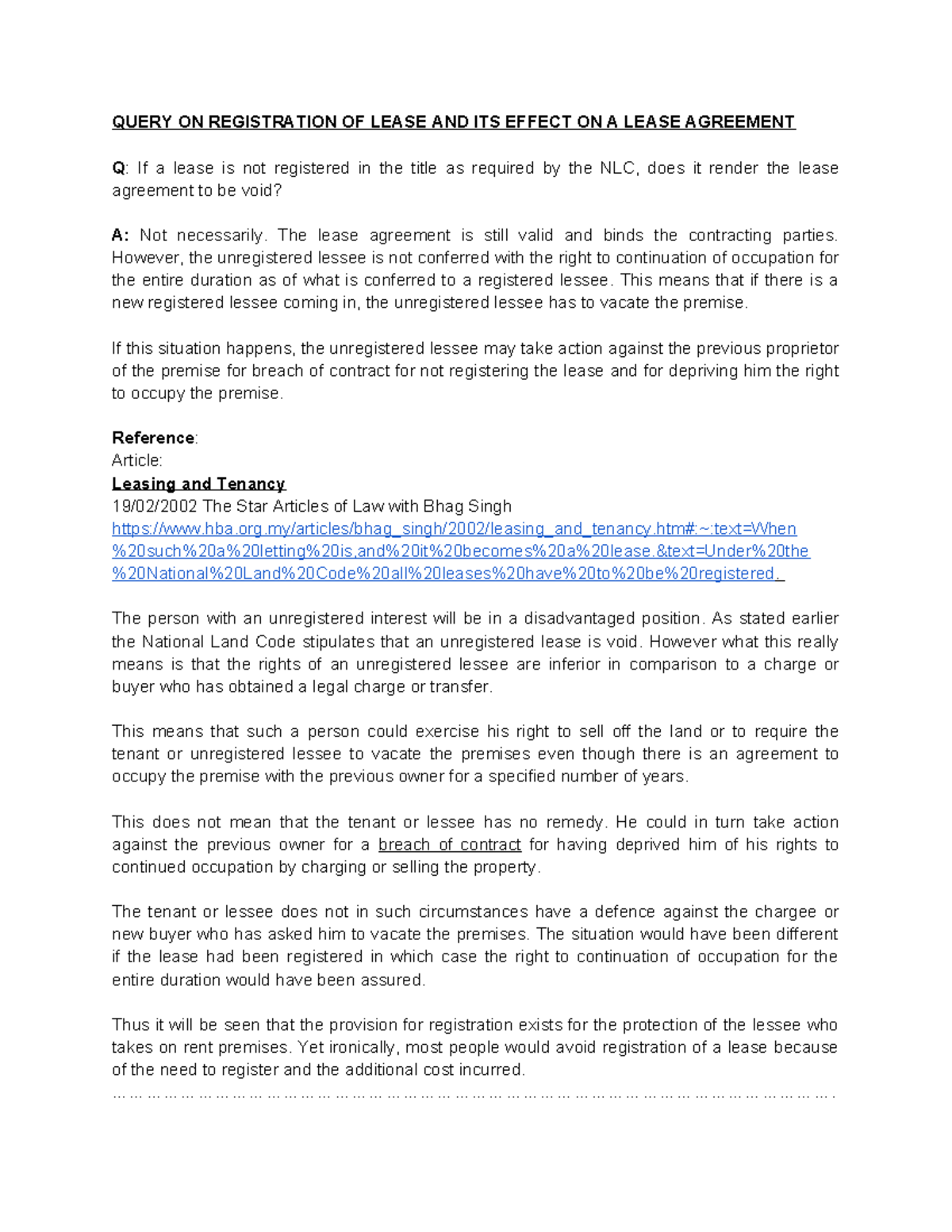 Research Query ON Registration OF Lease AND ITS Effect ON A Lease ...