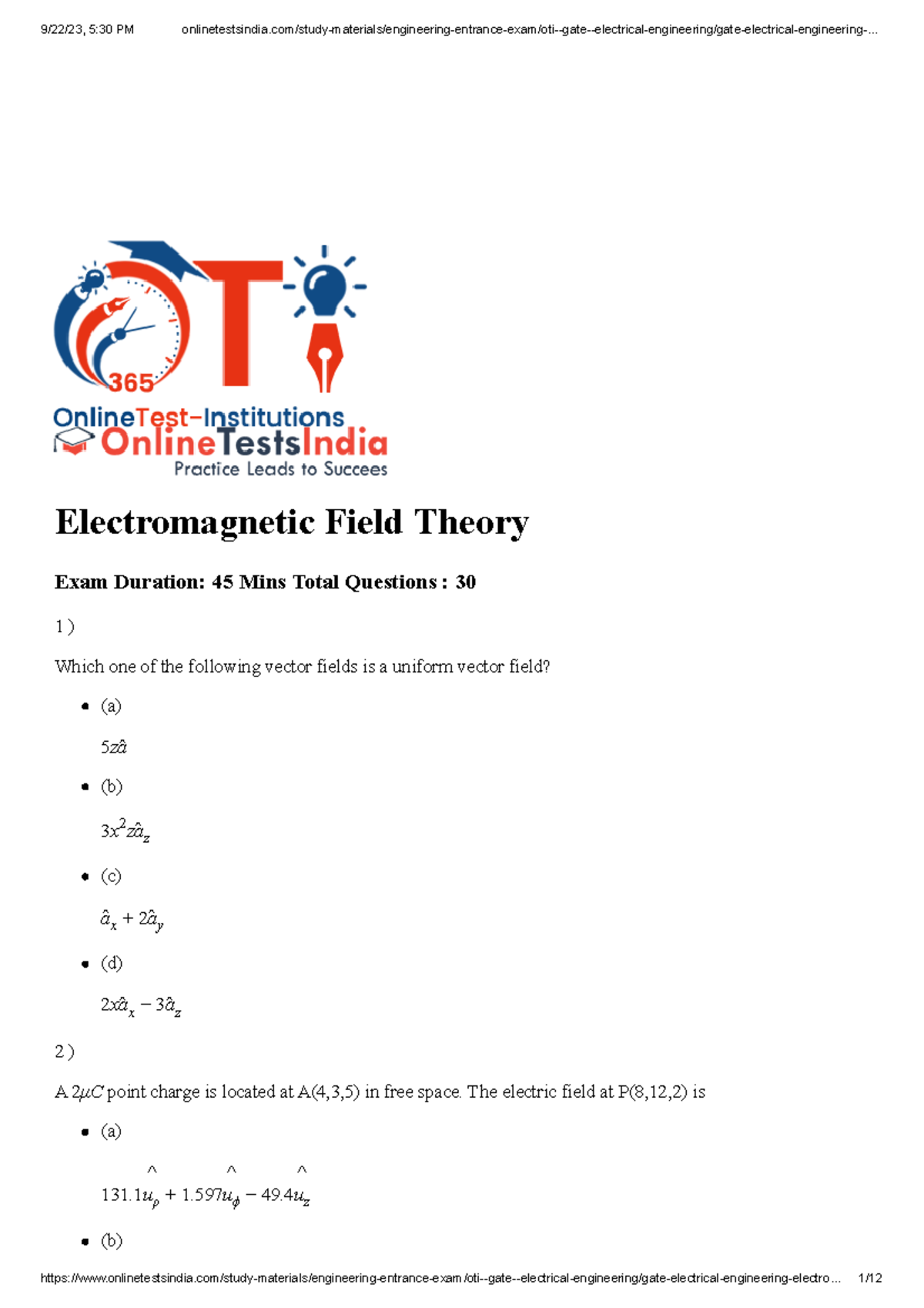 Mock questions emf - EMF NOTES - Electromagnetic Field Theory Exam ...
