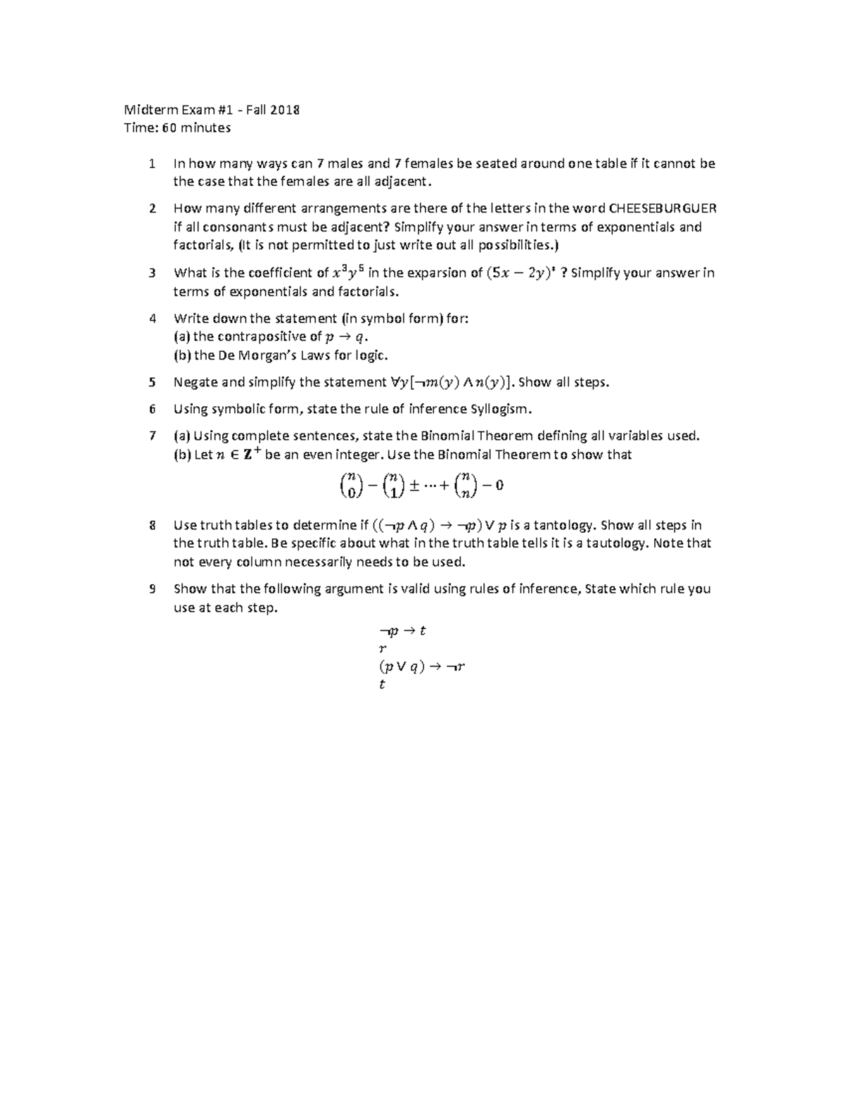 Math1240 Midterm 1 Fall 2018 - Midterm Exam #1 - Fall 2018 Time: 60 ...