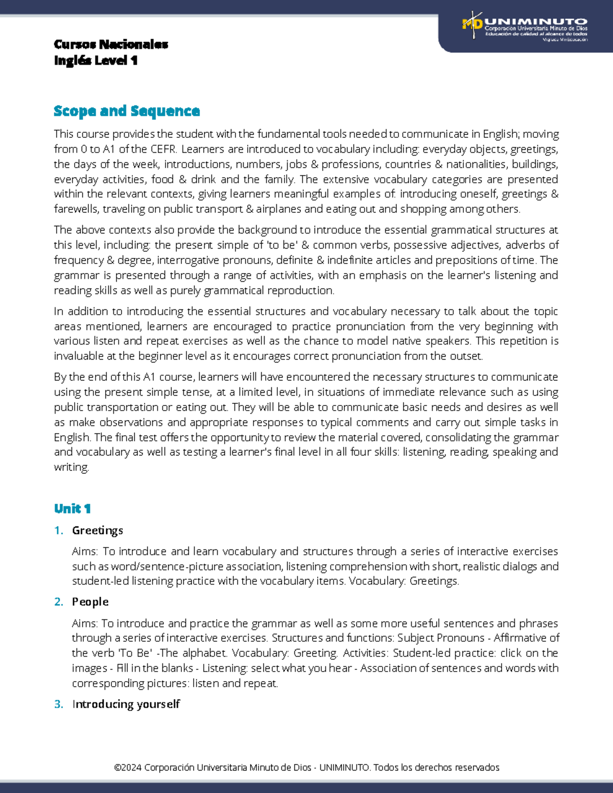 Ingles 1 - Inglés Level 1 Scope and Sequence This course provides the ...