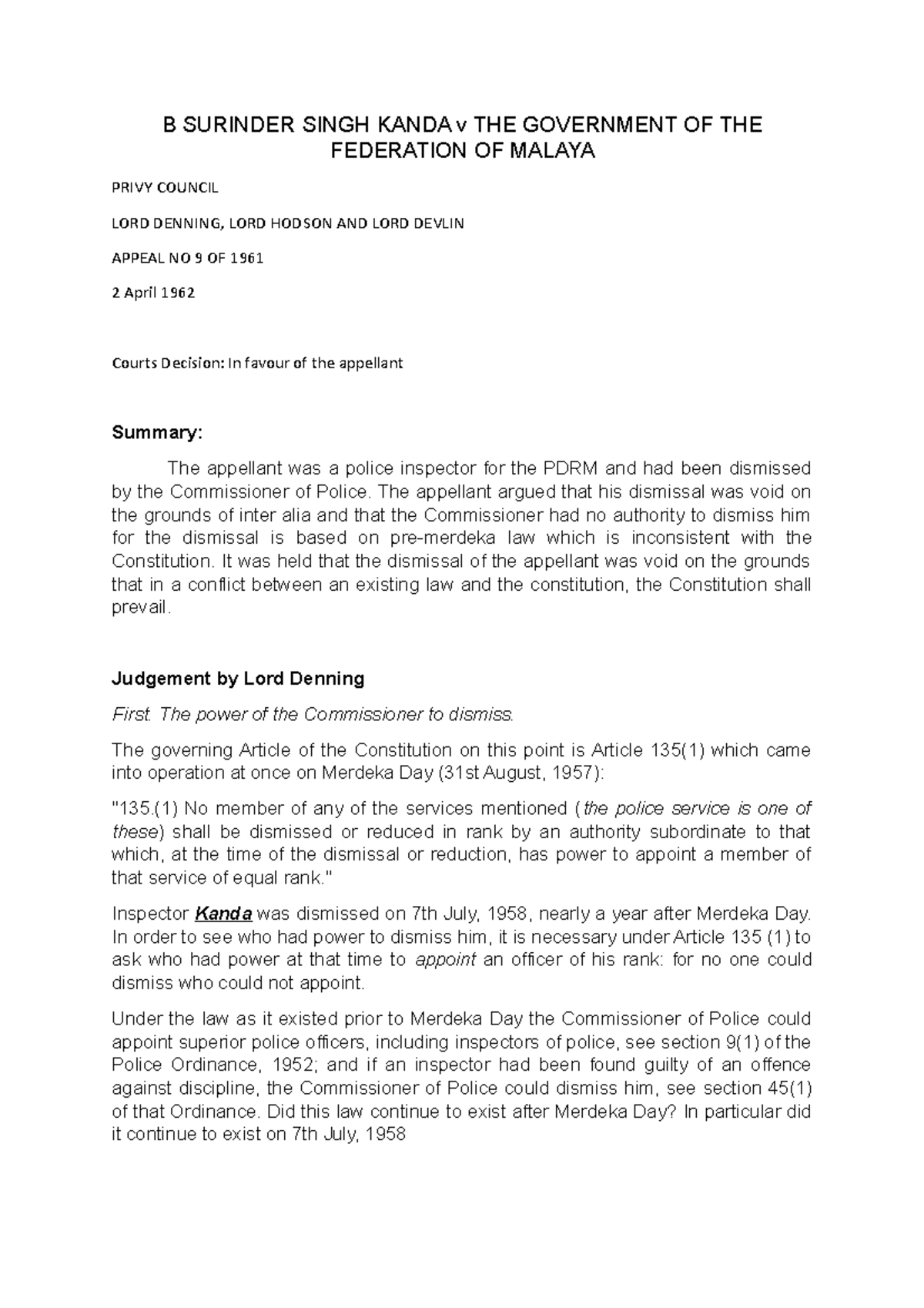 Summary B Surinder Singh Kanda v THE Government OF THE Federation OF ...