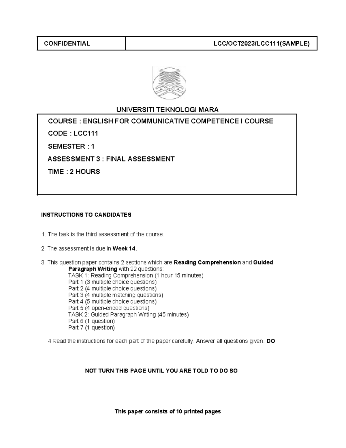 Reading(test) - Reading - CONFIDENTIAL LCC/OCT2023/LCC111(SAMPLE ...