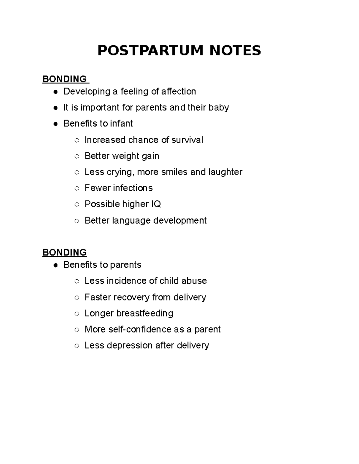 Postpartum- notes - POSTPARTUM NOTES BONDING Developing a feeling of ...