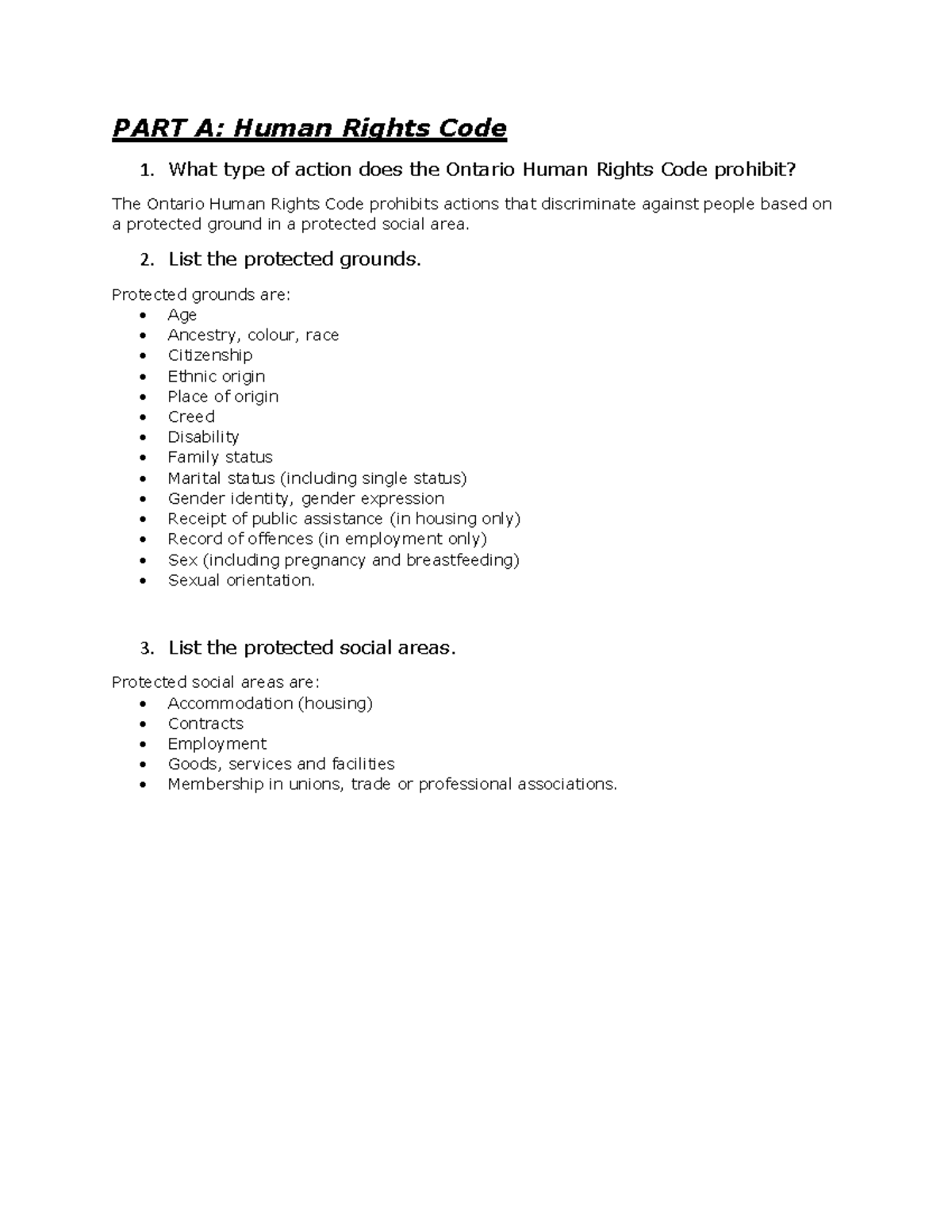 Harassment assignment - PART A: Human Rights Code 1. What type of ...