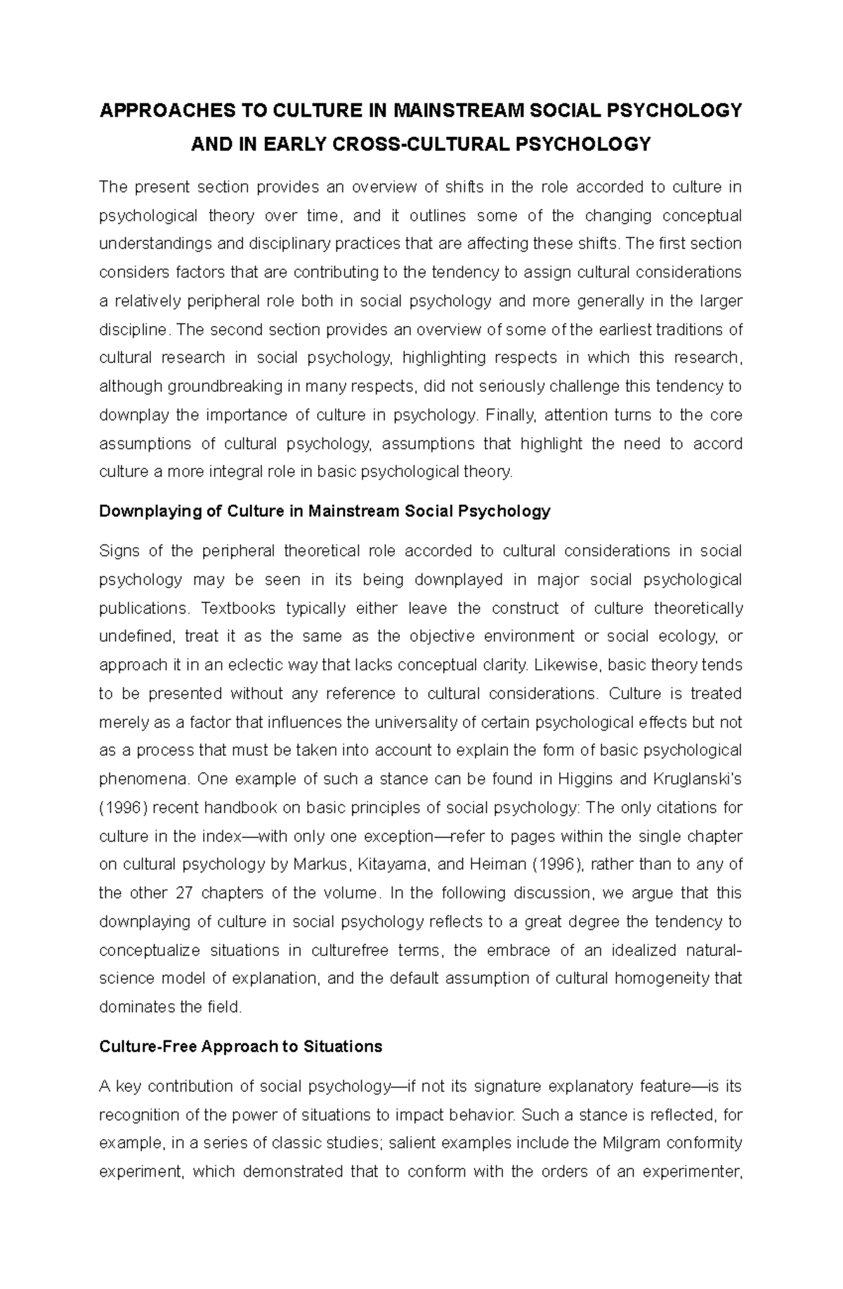 Approaches TO Culture IN Mainstream Social Psychology AND IN Early ...