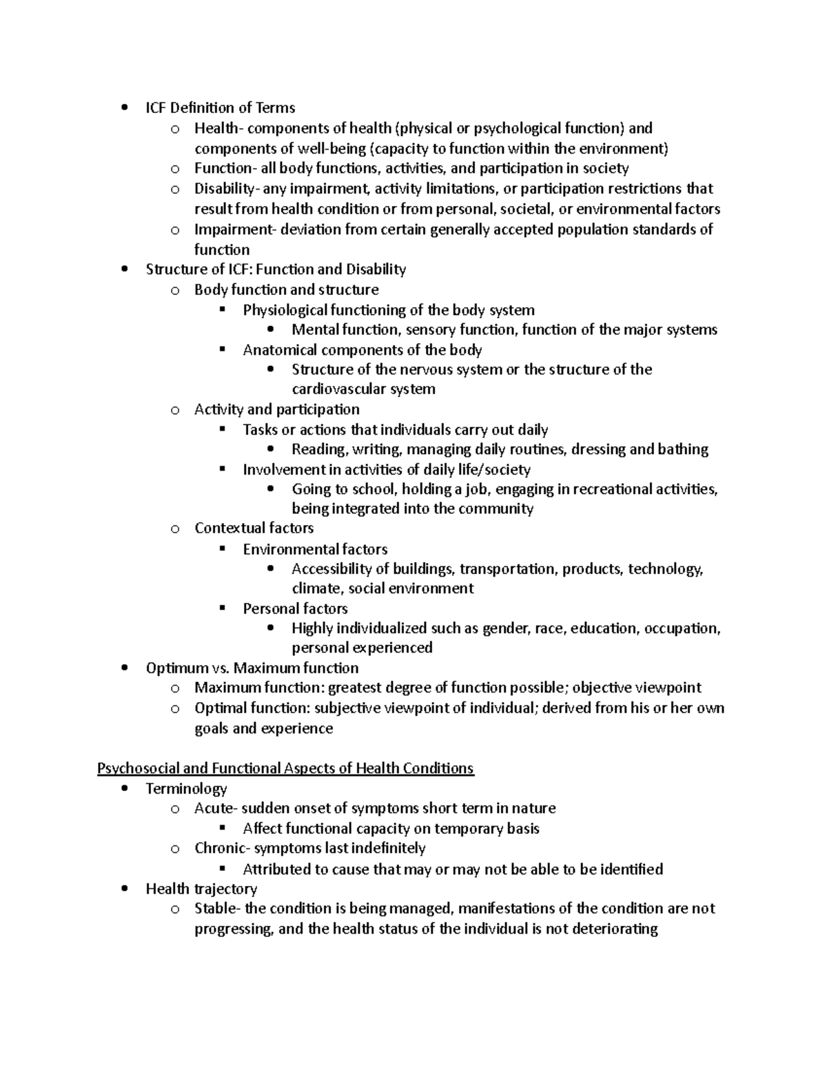 Exam 1 Study Guide - exam 1 materials - ICF Definition of Terms o ...