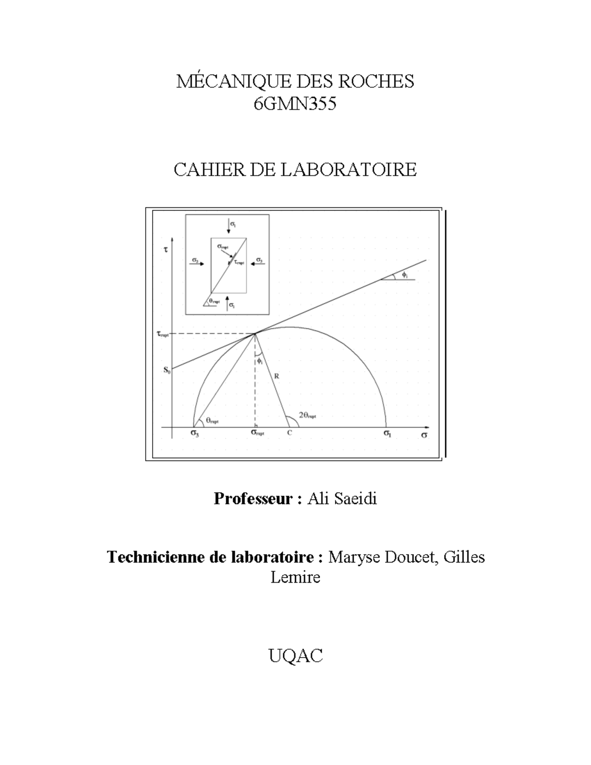 Meca-Roche-cahier labo - MÉCANIQUE DES ROCHES 6GMN35 5 CAHIER DE LABORATOIRE Professeur : Ali ...