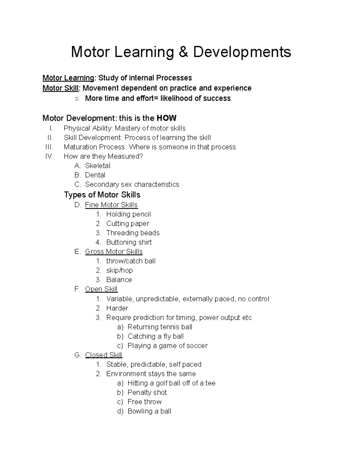 Motor Learning - Notes - Motor Learning & Developments Motor Learning ...