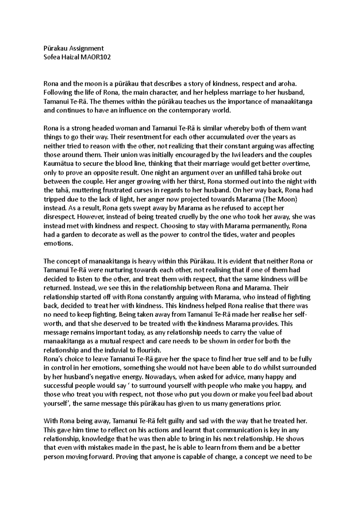 Pūrakau Assignment - Pūrakau Assignment Sofea Haizal MAOR Rona and the ...