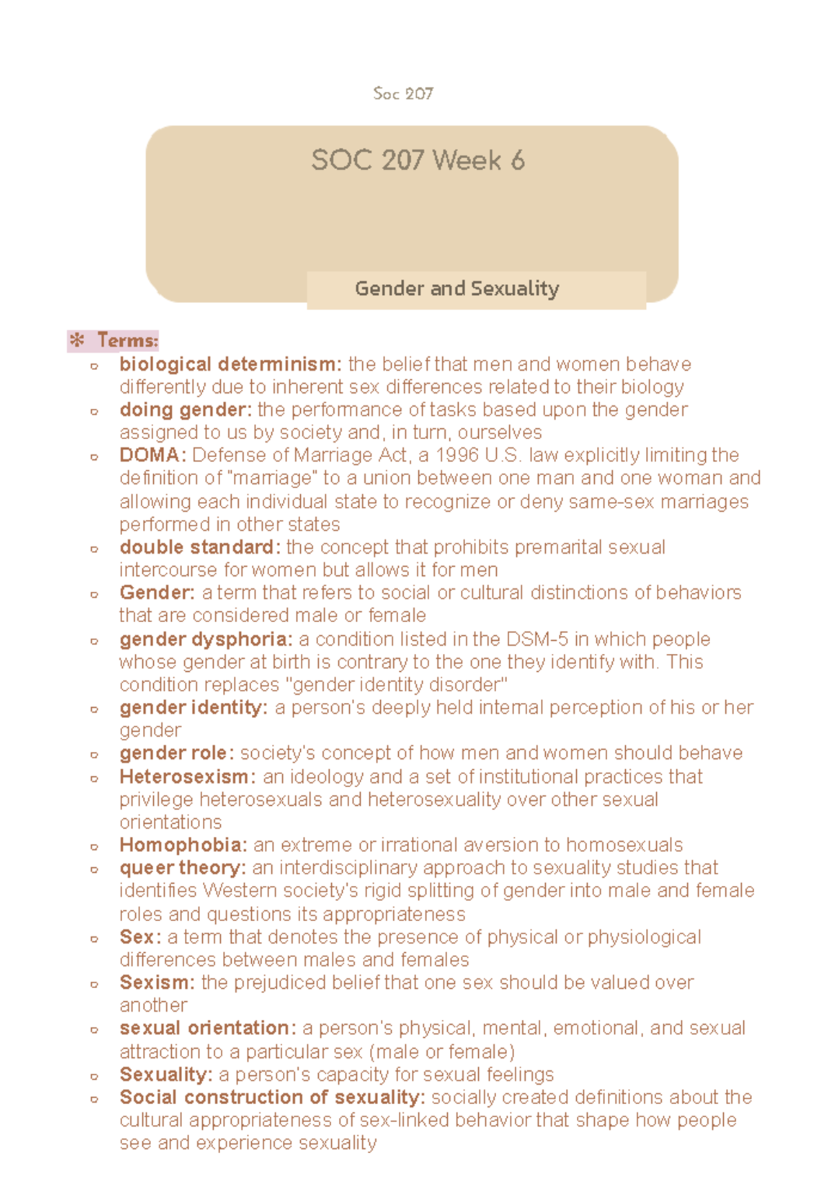 Sociology Week 6 - Soc 207 SOC 207 Week 6 Gender and Sexuality Terms ...