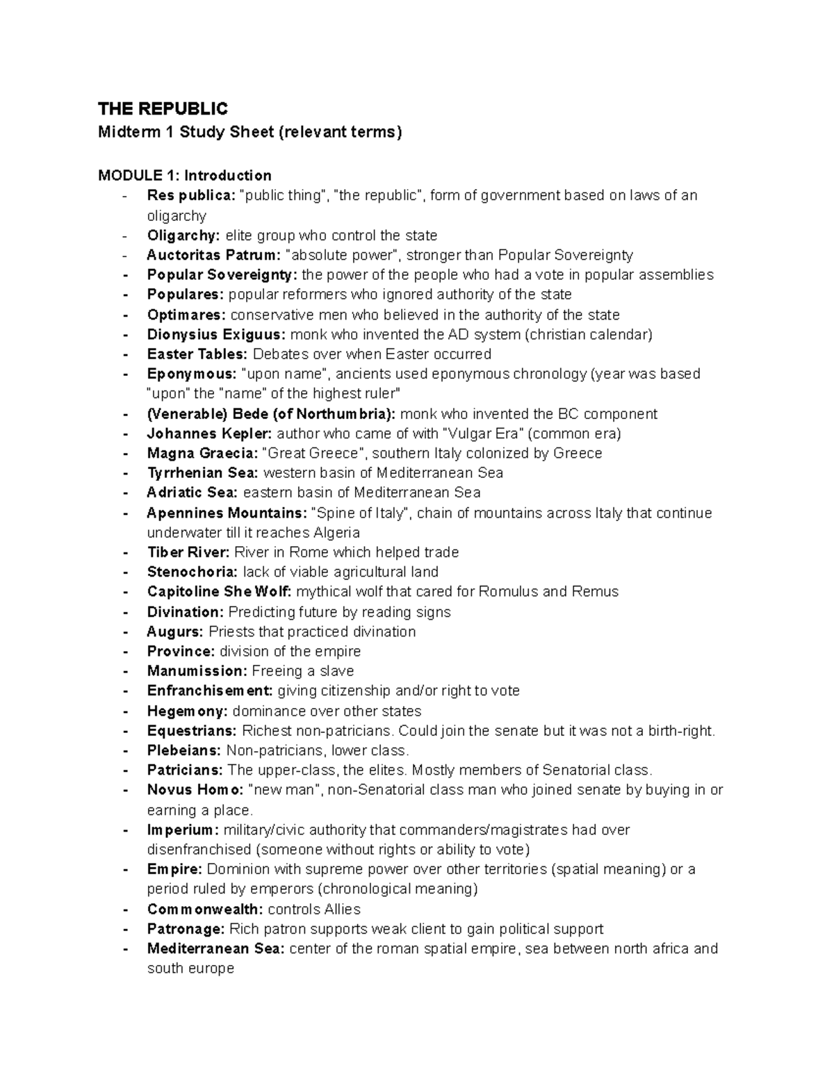 Midterm 1 Study Sheet - THE REPUBLIC Midterm 1 Study Sheet (relevant ...