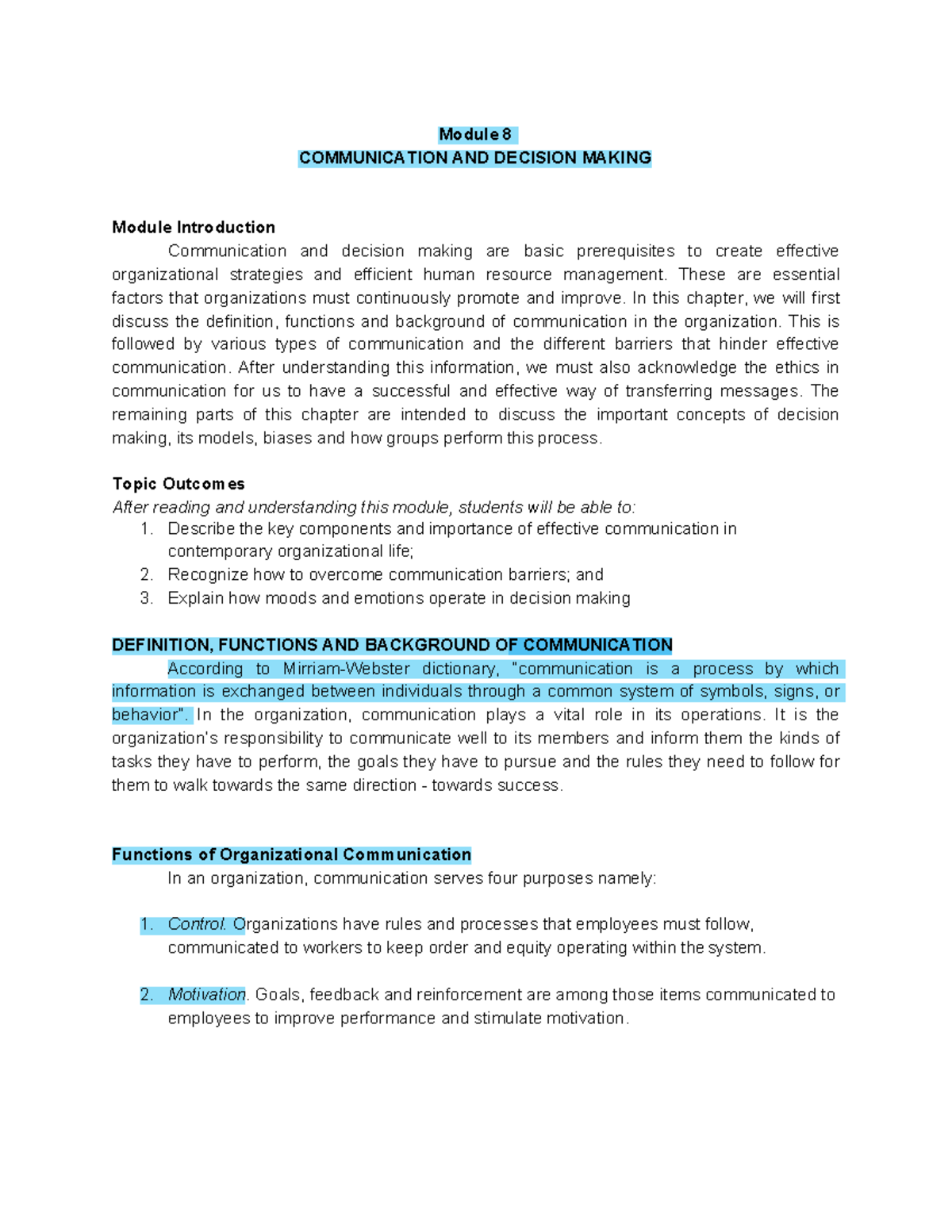 Module 8 - Module 8 COMMUNICATION AND DECISION MAKING Module ...