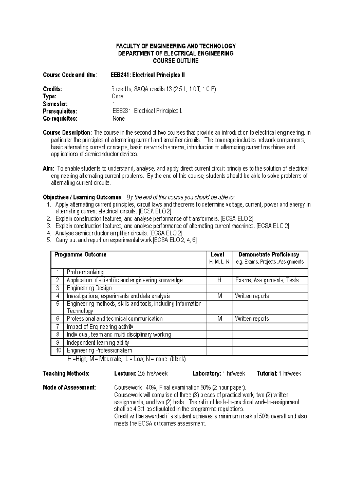 Course Outline - FACULTY OF ENGINEERING AND TECHNOLOGY DEPARTMENT OF ...