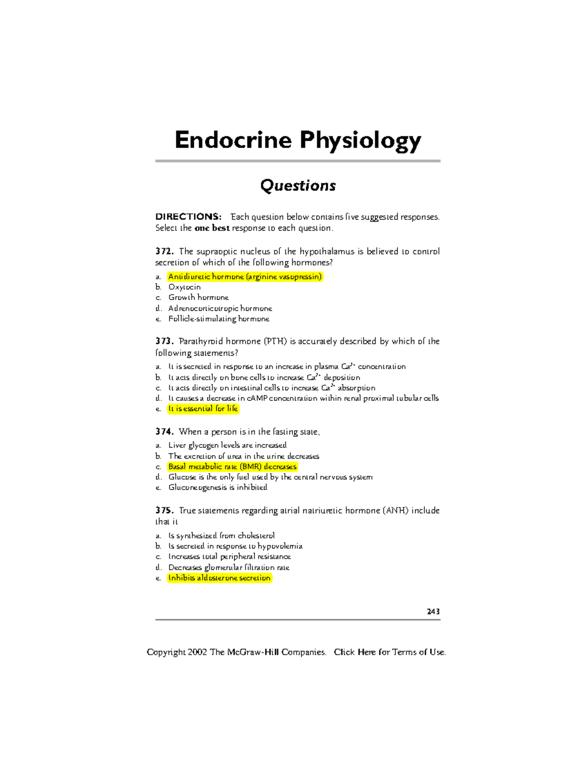 Endocrine MCQ Answers - physiology - Endocrine Physiology Questions DIRECTIONS: Each question ...