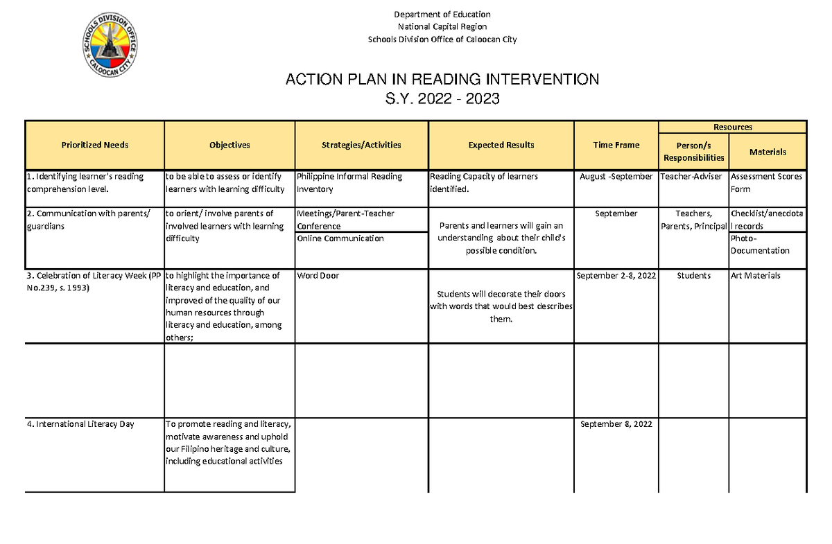 Action-Plan - Elementary Action Plan for Reading Intervention - Person ...
