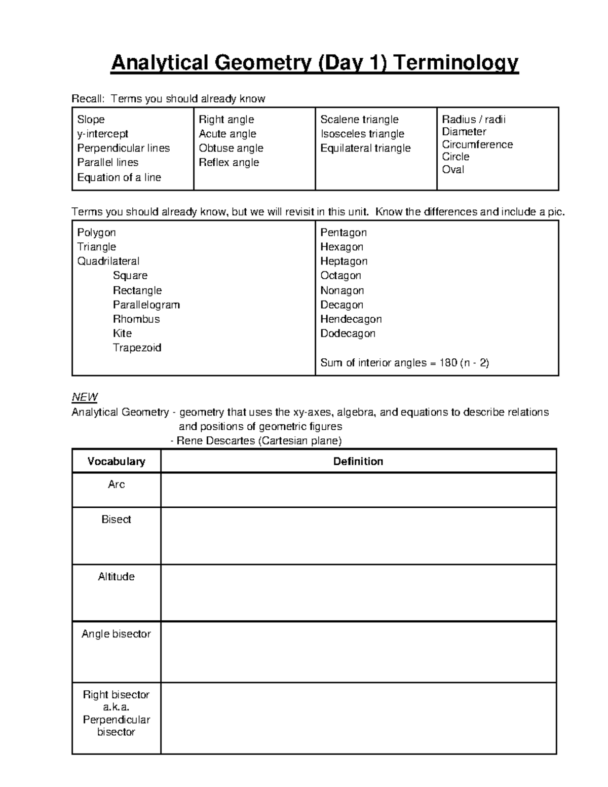 1 - Analytical Geometry (Day 1) Terminology - Analytical Geometry (Day ...