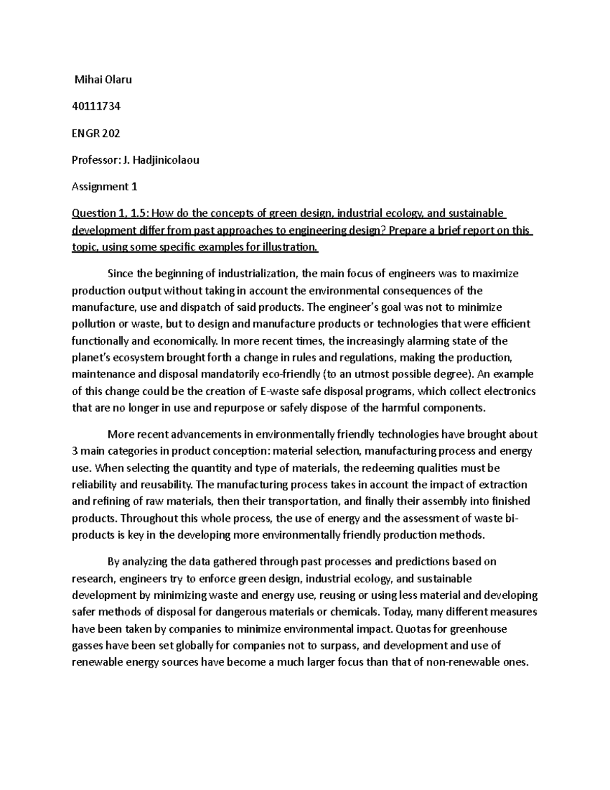 Assignment 1 - assignemnt 1 of course engr 202 with john hadjinicolau - Mihai Olaru 40111734 ...