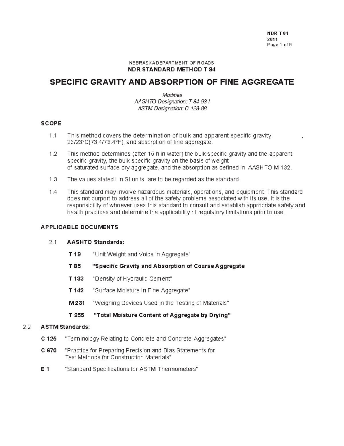 Specific gravity of fine agg - 2011 Page 1 of 9 NEBRASKA DEPARTMENT OF ...