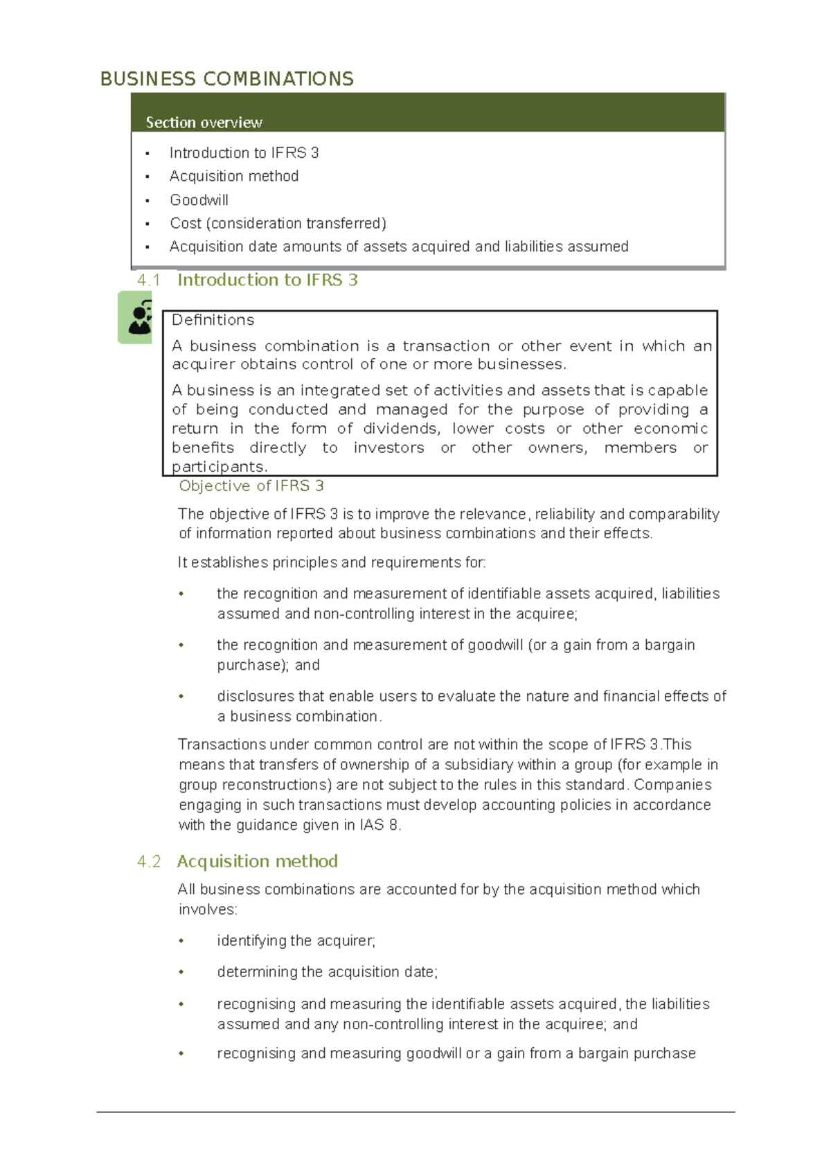 Business Combinations - BUSINESS COMBINATIONS Section overview Introduction to IFRS 3 ...