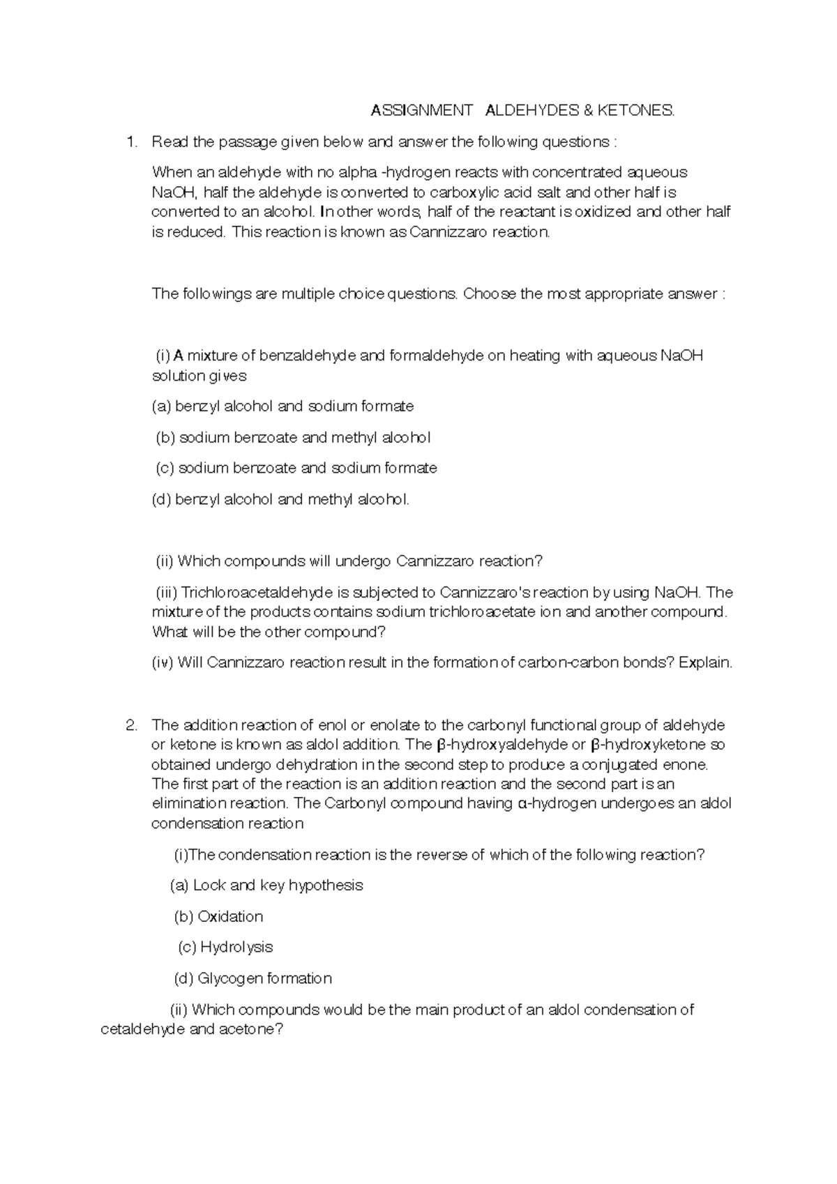RCHO - Aldehyde - ASSIGNMENT ALDEHYDES & KETONES. Read the passage ...
