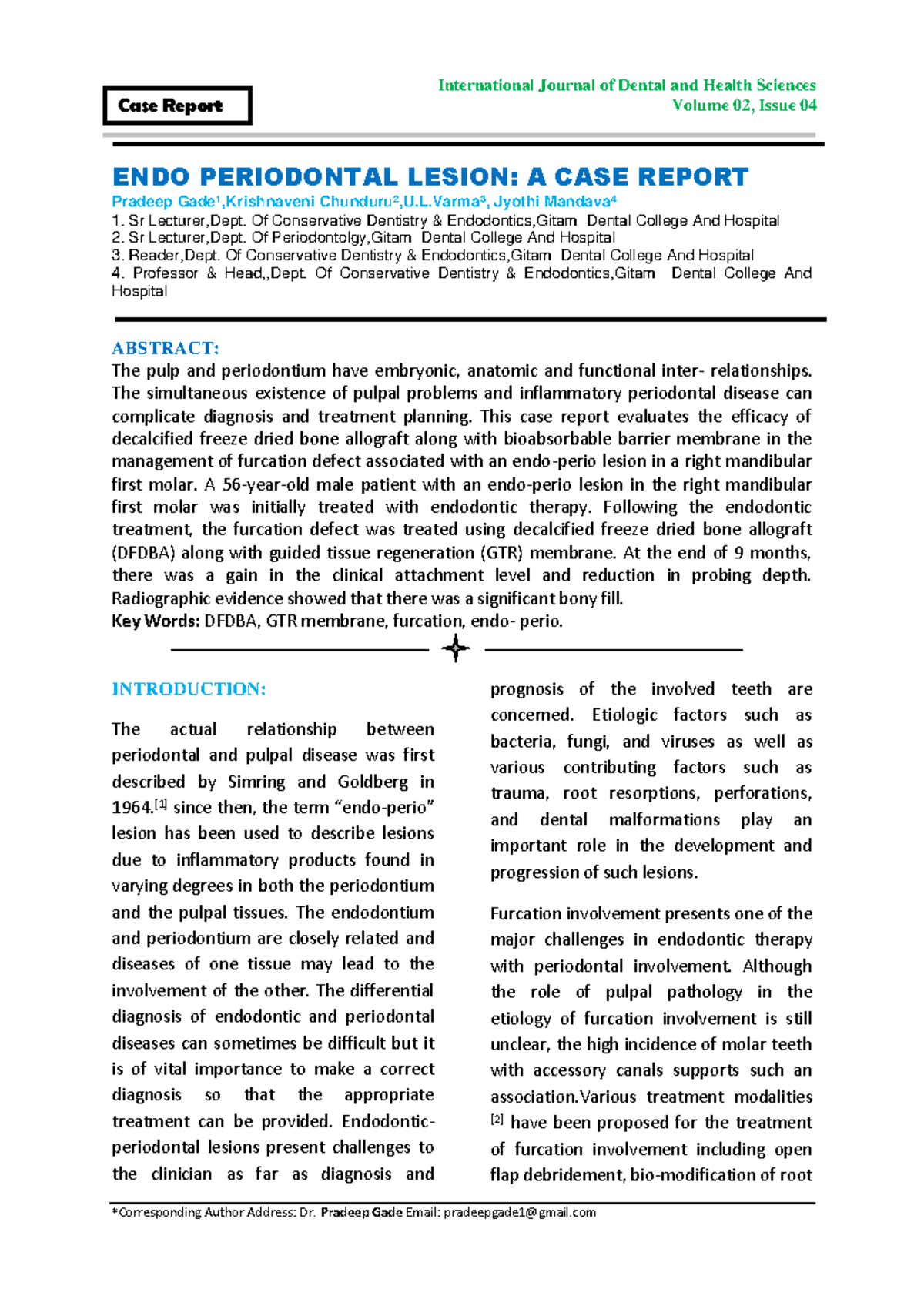 Endo perio lesion - ndgbdb - *Corresponding Author Address: Dr. Pradeep ...