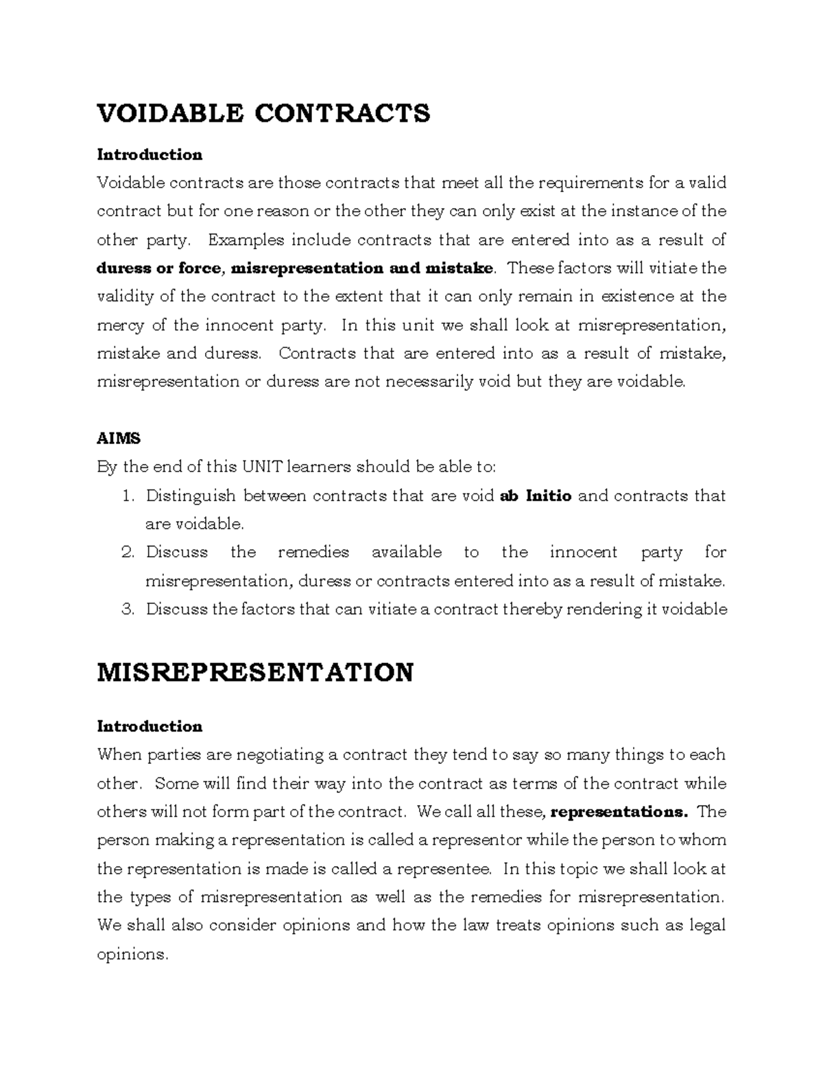 Misrepresentation - Law of contract - VOIDABLE CONTRACTS Introduction ...