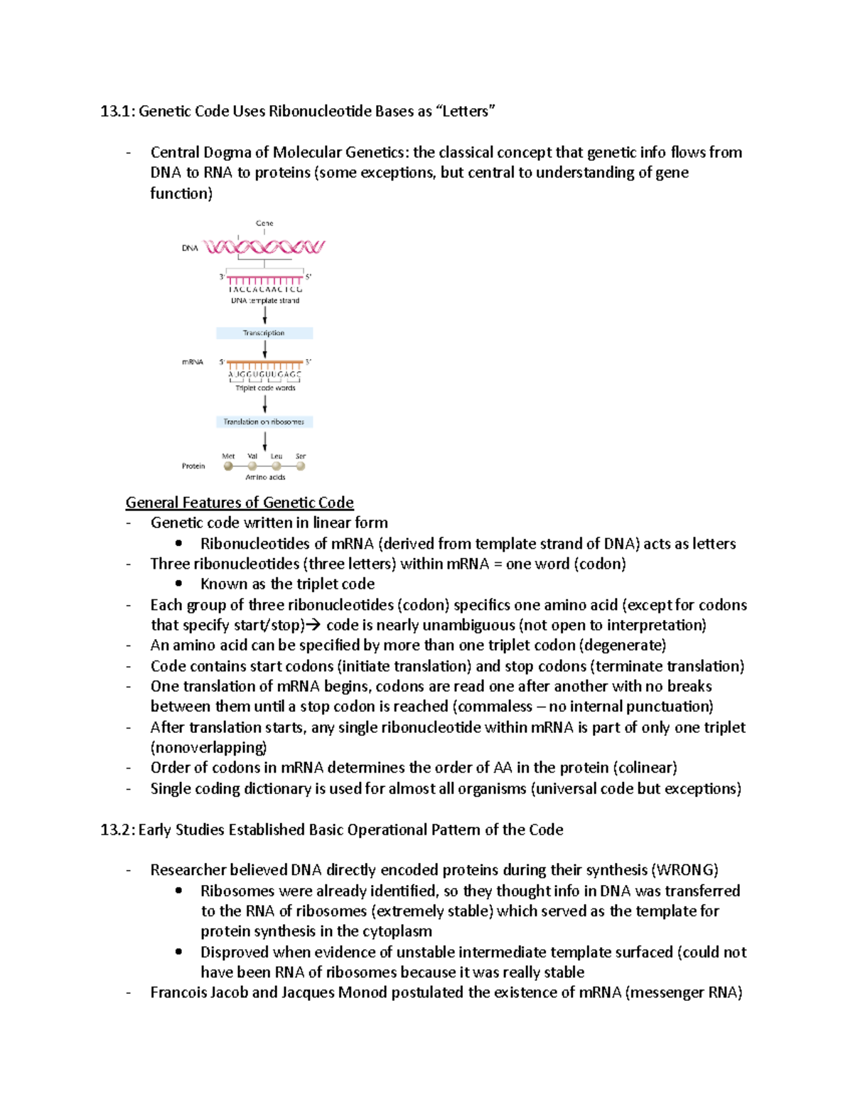 Chapter 13 - Notes - 13: Genetic Code Uses Ribonucleotide Bases as ...