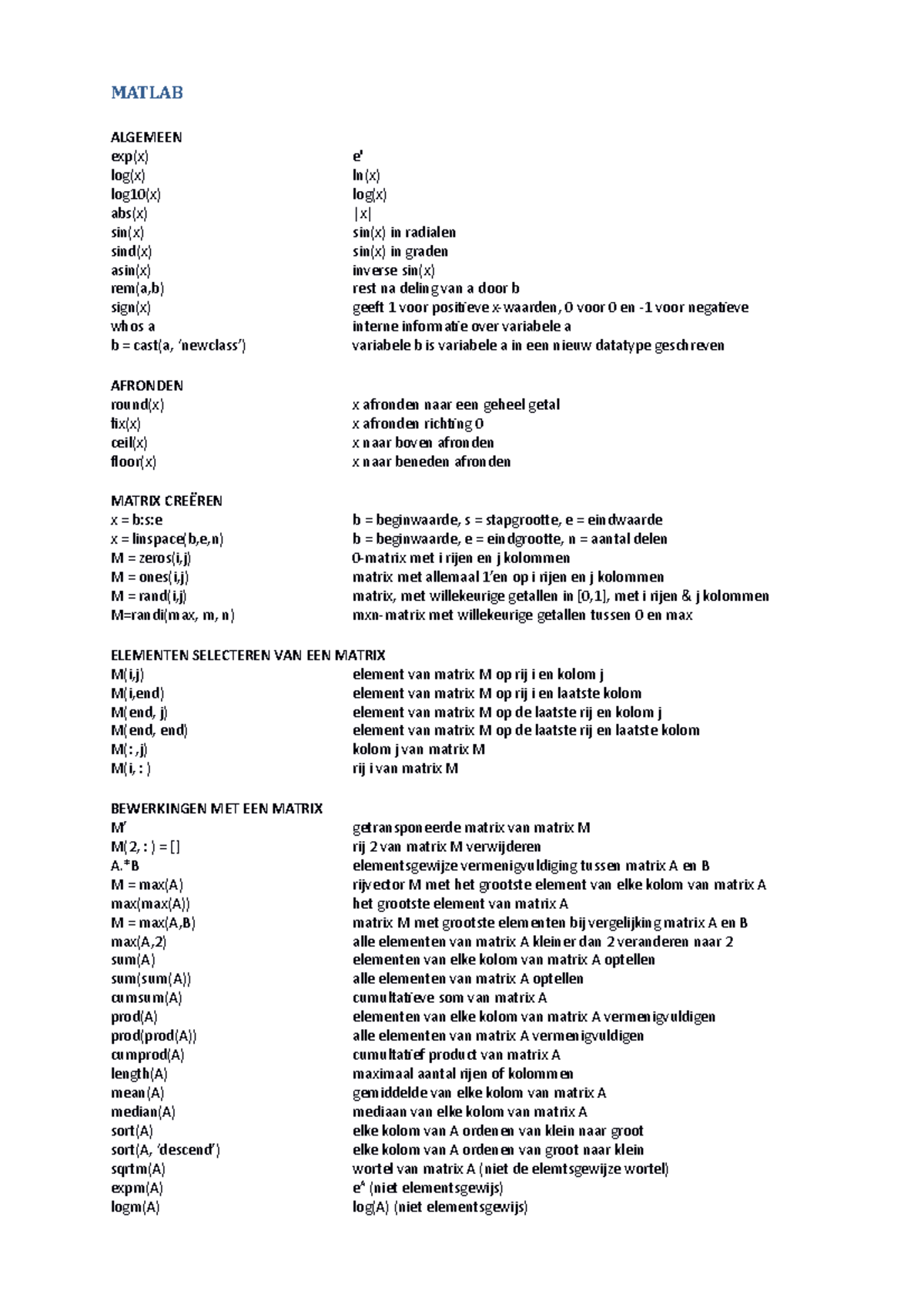 Samenvatting Matlab - MATLAB ALGEMEEN exp(x) ex log(x) ln(x) log10(x) log(x) abs(x) |x| sin(x ...