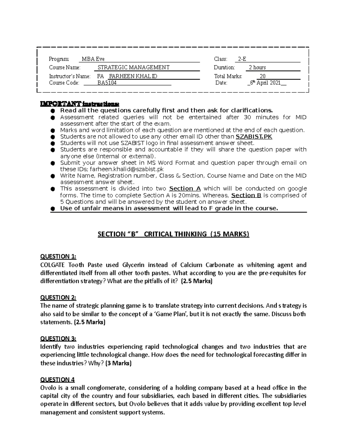 SM Spring 2021 - Details of SM - Program: MBA Eve Class: 2-E Course ...