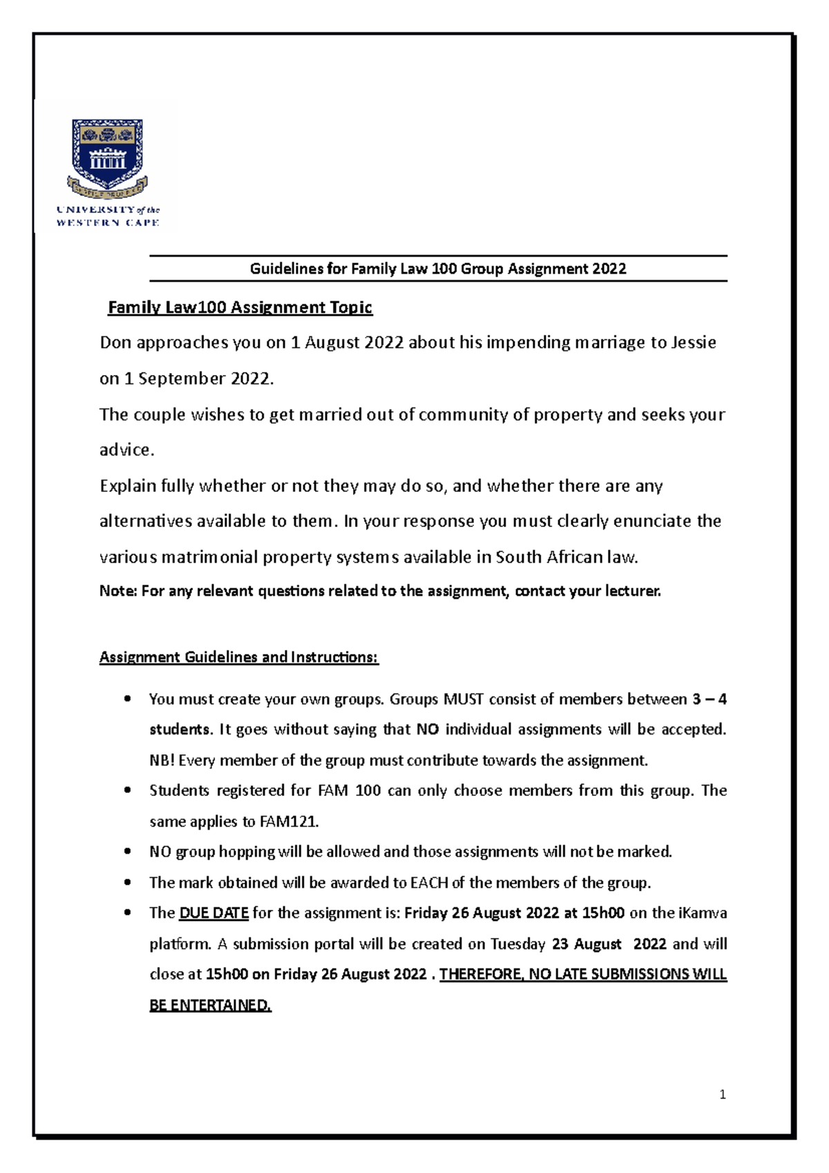 Guidelines for Family Law 100 Group Assignment 2022 - Guidelines for ...