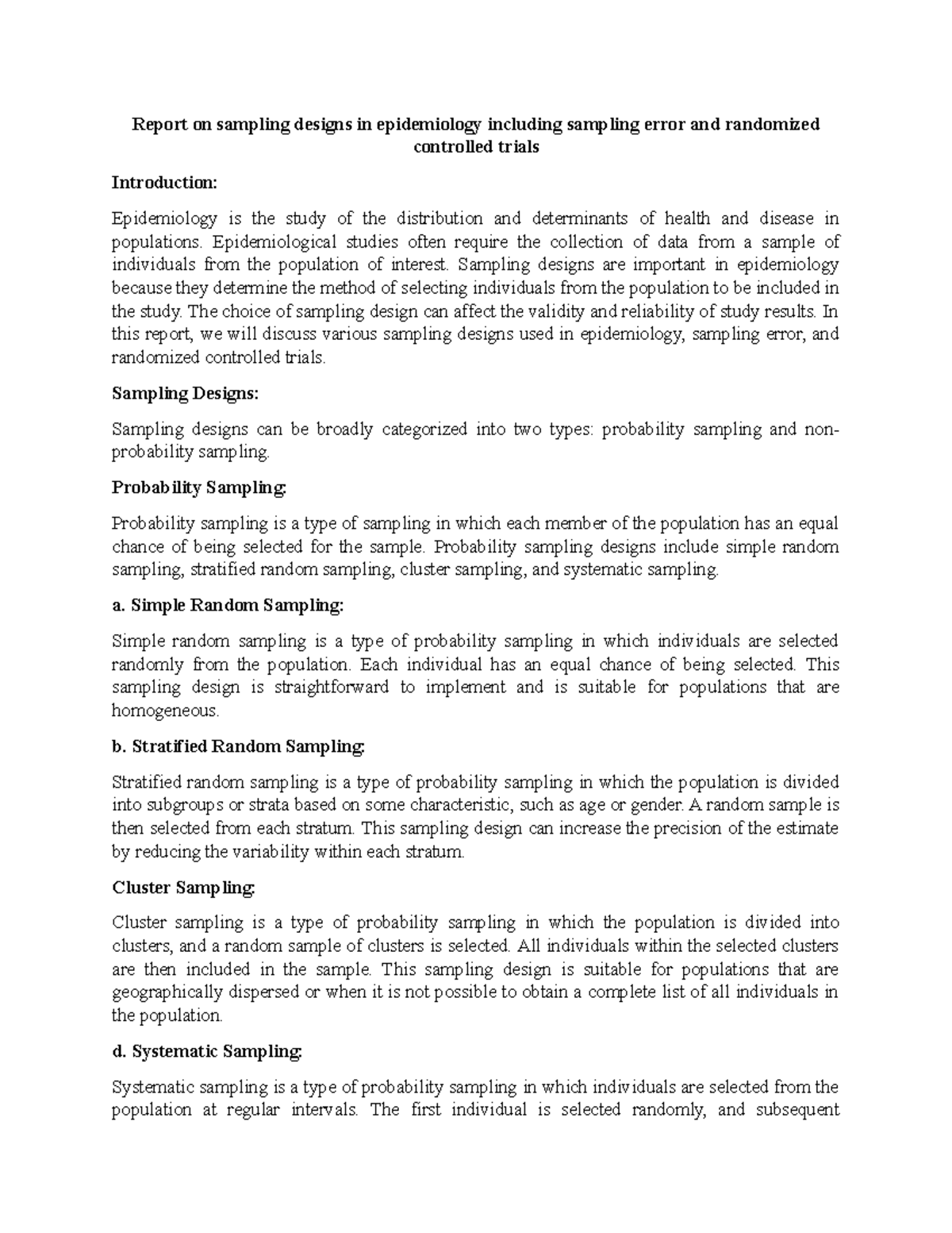 Report on sampling designs in epidemiology including sampling error and ...