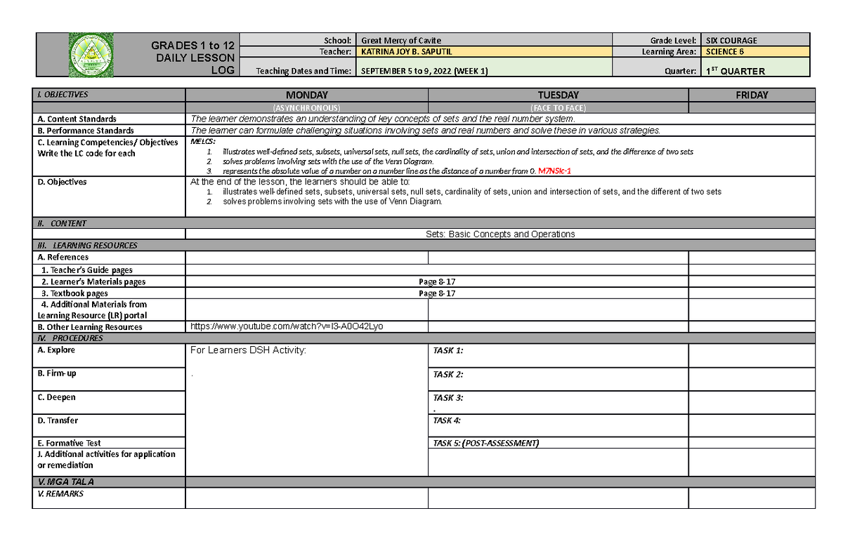 WEEK1-DLL- Science 6 - GRADES 1 to 12 DAILY LESSON LOG School: Great Mercy of Cavite Grade Level ...