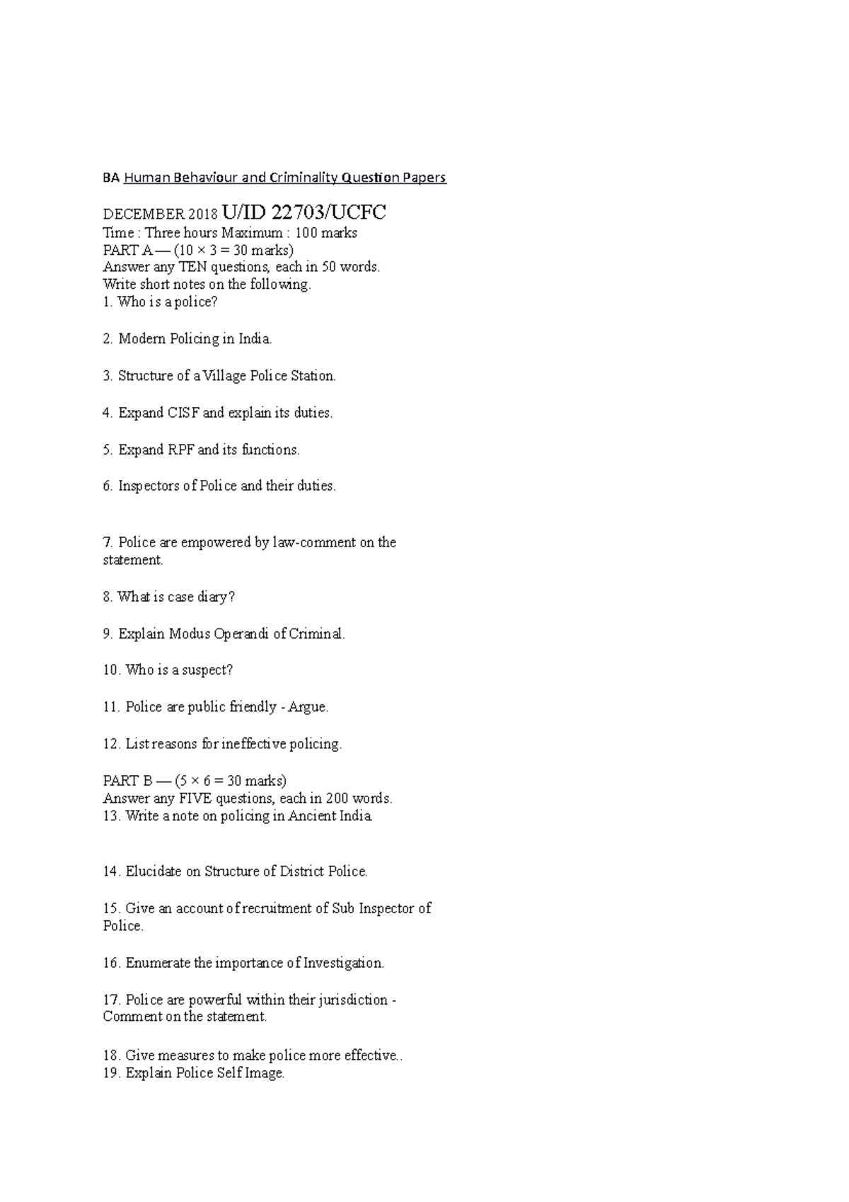 BA Human Behaviour and Criminality Question Papers 2018 Madras ...