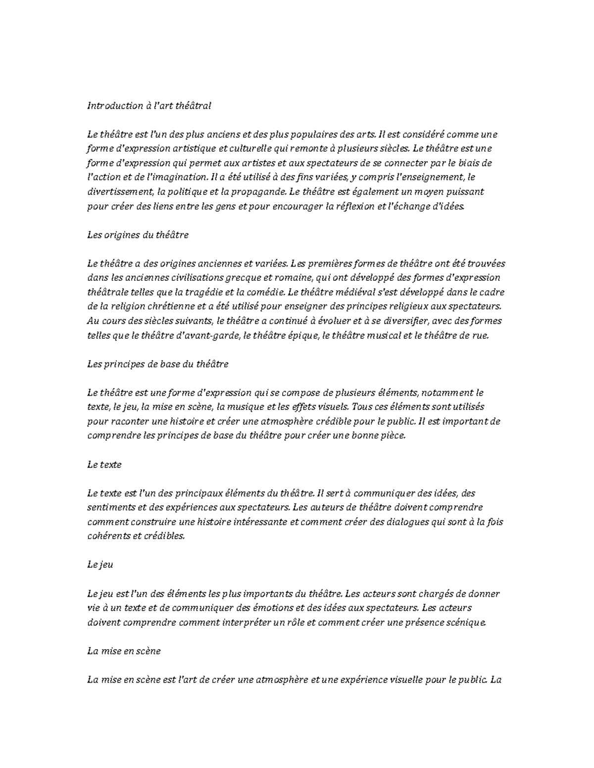 Theater Arts Study Notes - Introduction à l'art théâtral Le théâtre est ...