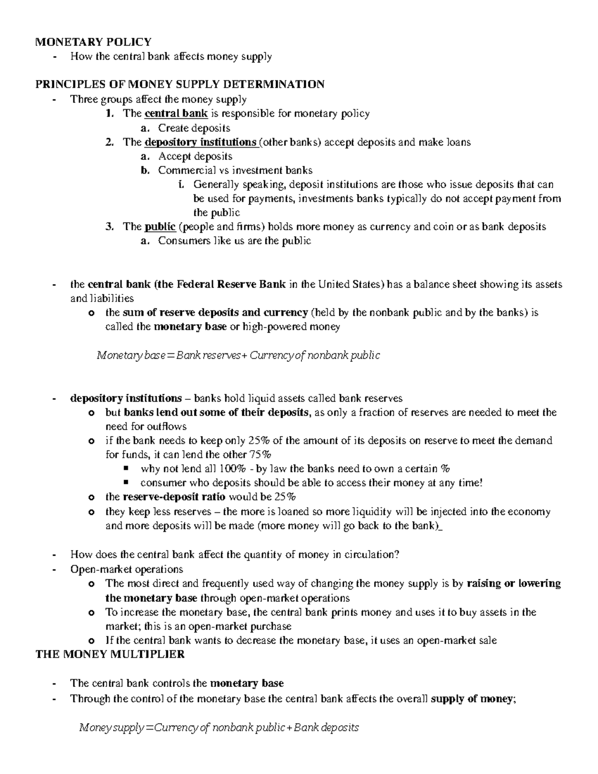 Monetary Policy - lecture notes/book notes - MONETARY POLICY How the ...