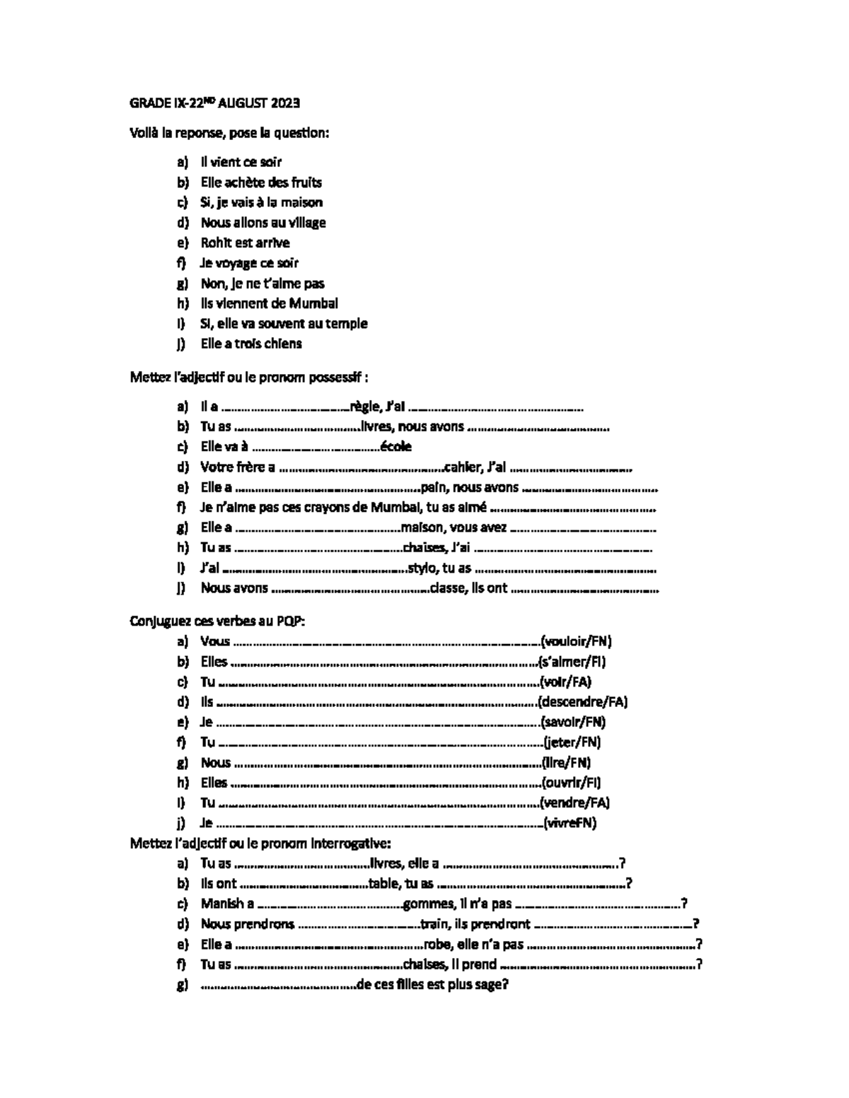 French worksheet - FOR SURVEY - GRADE AUGUST 2023 Voilà la reponse ...