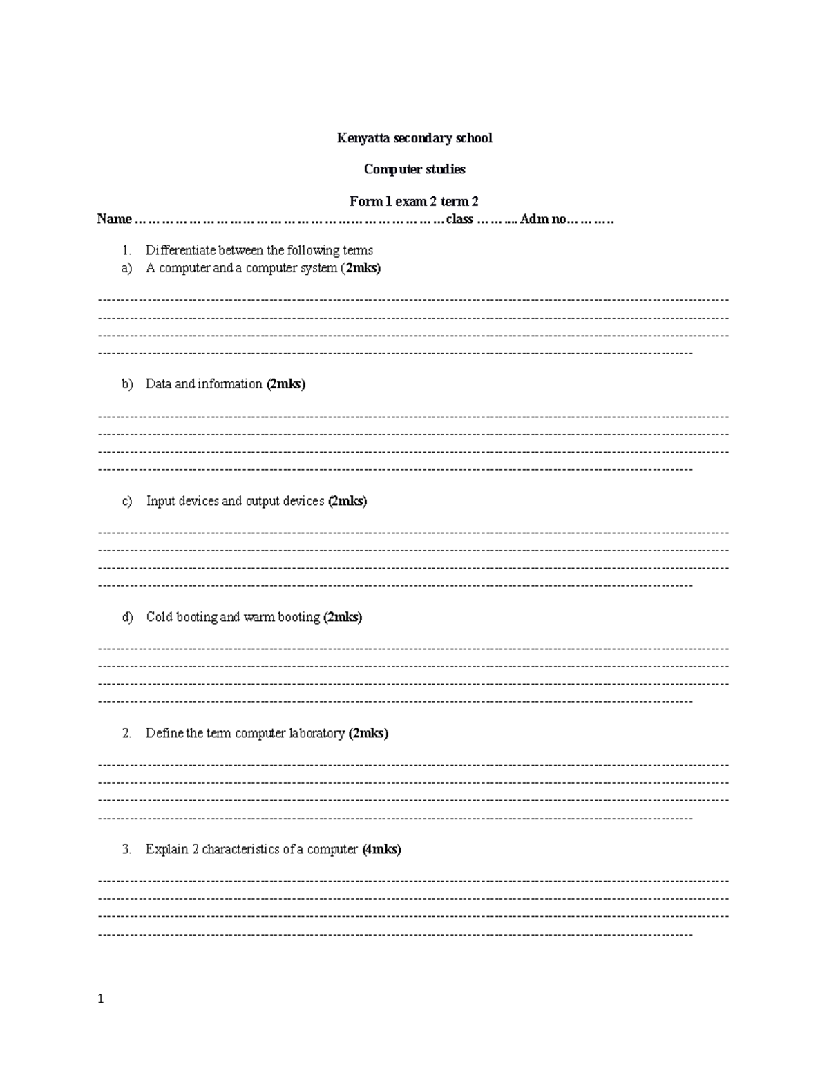 F1cst2 - Kenyatta secondary school Computer studies Form 1 exam 2 term ...