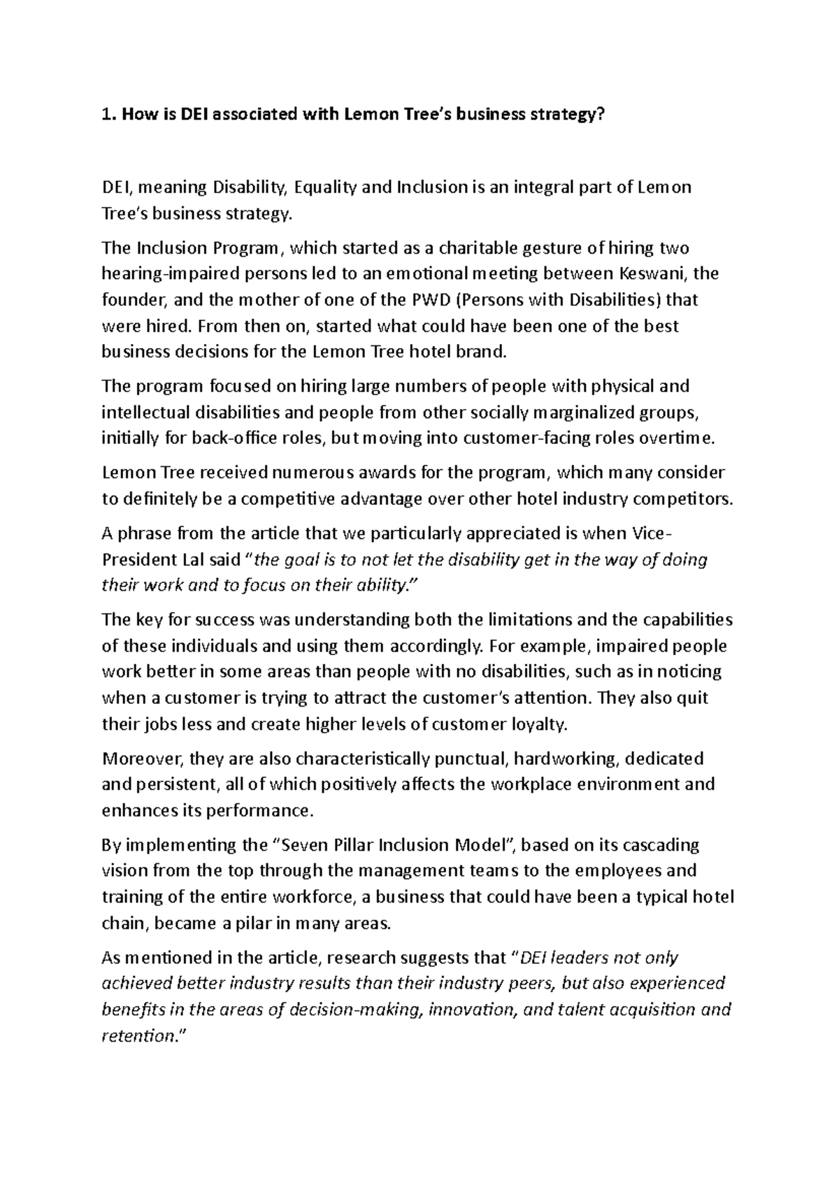 Case Study Answer 1 - How is DEI associated with Lemon Tree’s business ...