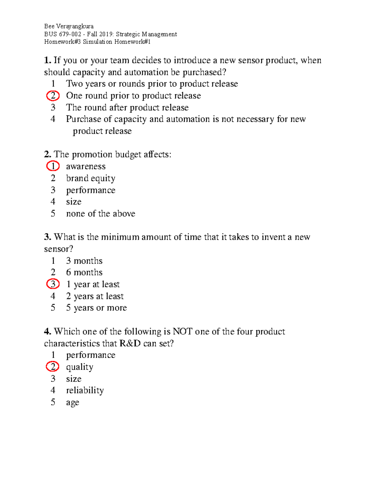Simulation HW1 - Bee Verayangkura BUS 679-002 - Fall 2019: Strategic ...