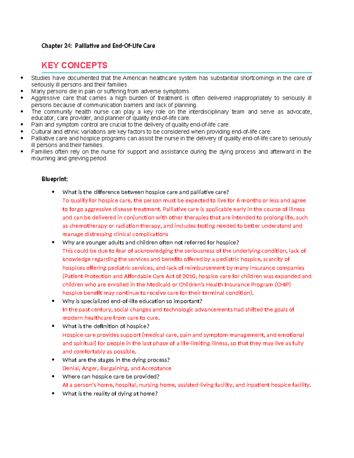 W2 Chapter 24 Blueprint - Chapter 24: Palliative and End-Of-Life Care KEY CONCEPTS Studies have ...