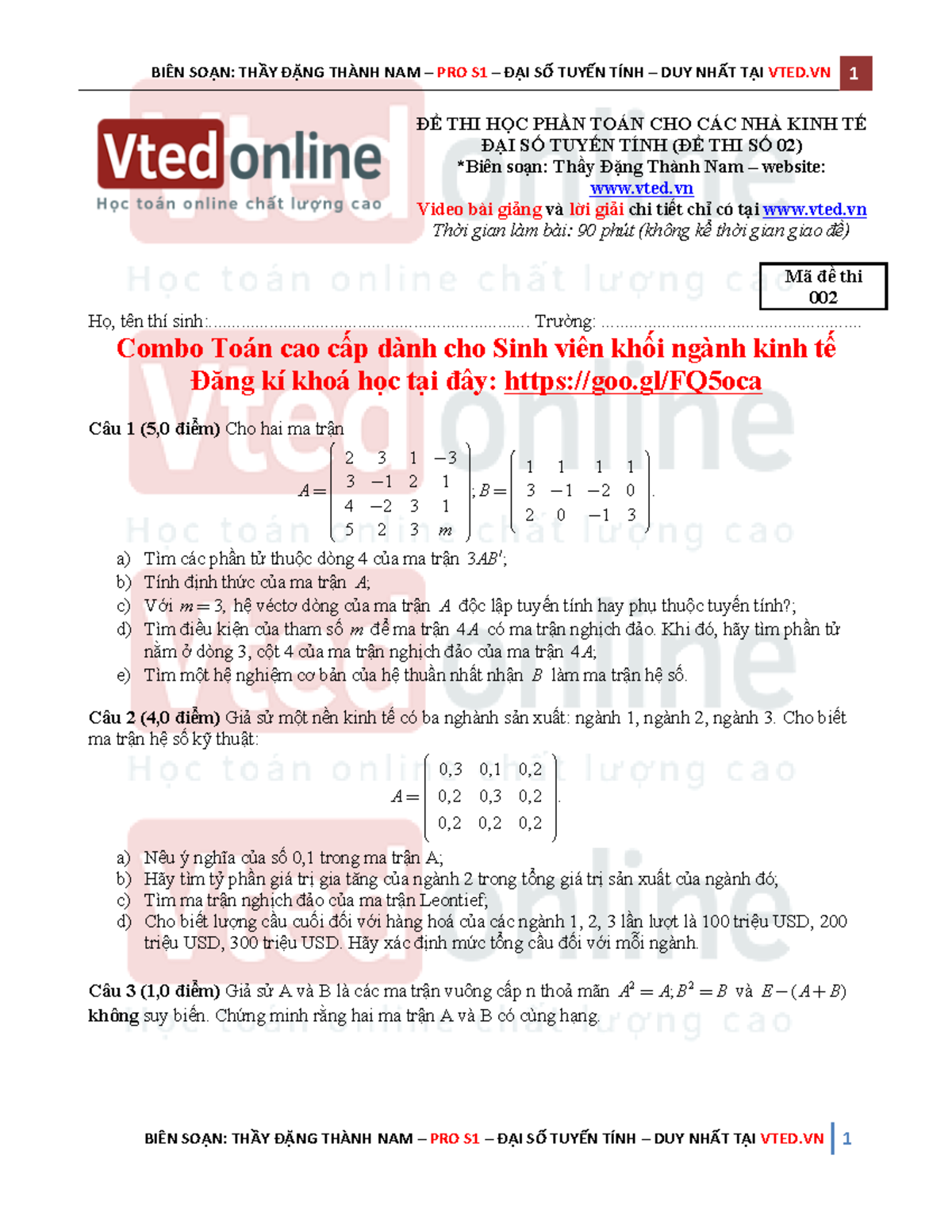 TL1 - njdu - BIÊN SOẠN: THẦY ĐẶNG THÀNH NAM – PRO S1 – ĐẠI SỐ TUYẾN ...