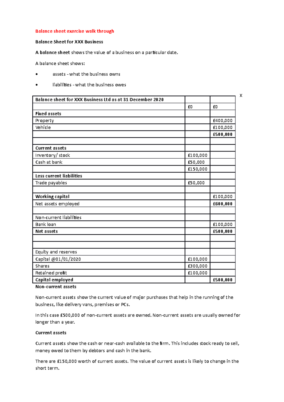 Balance Sheet Exercise Walk Through Balance Sheet Exercise Walk