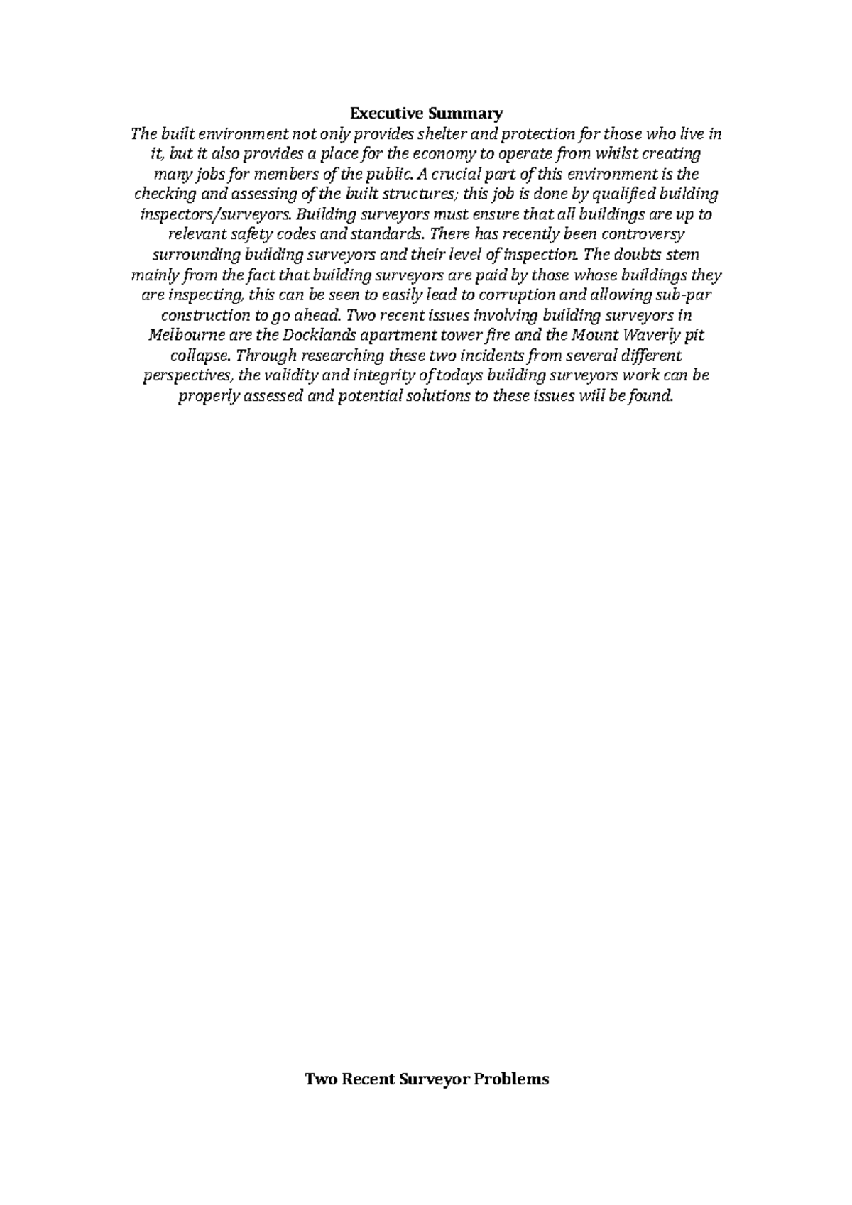 Seminar assignments - executive summary and two recent surveyor ...
