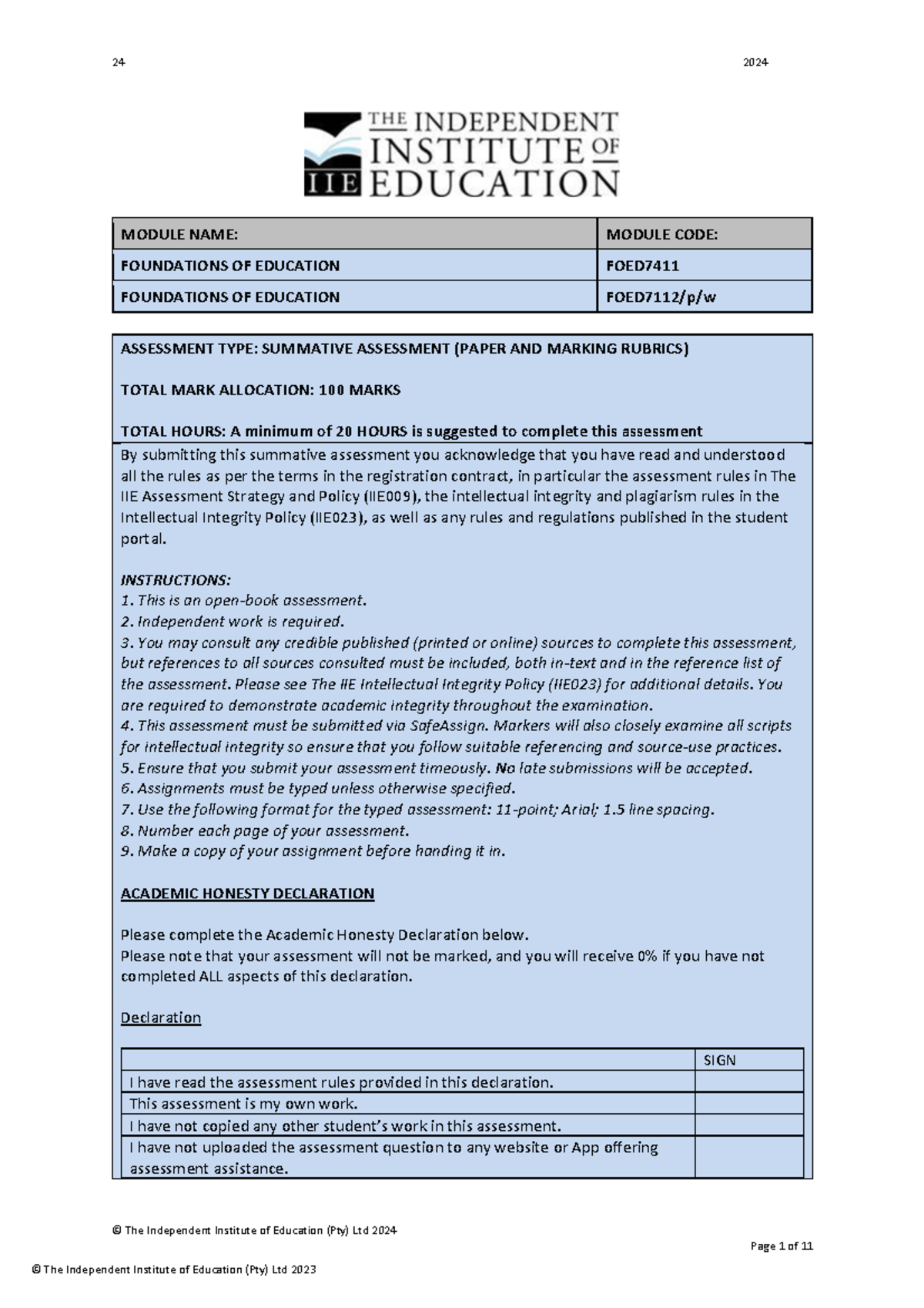 FOED7411 Summative Assignment - © The Independent Institute of Education (Pty) Ltd 20 24 Page 1 ...
