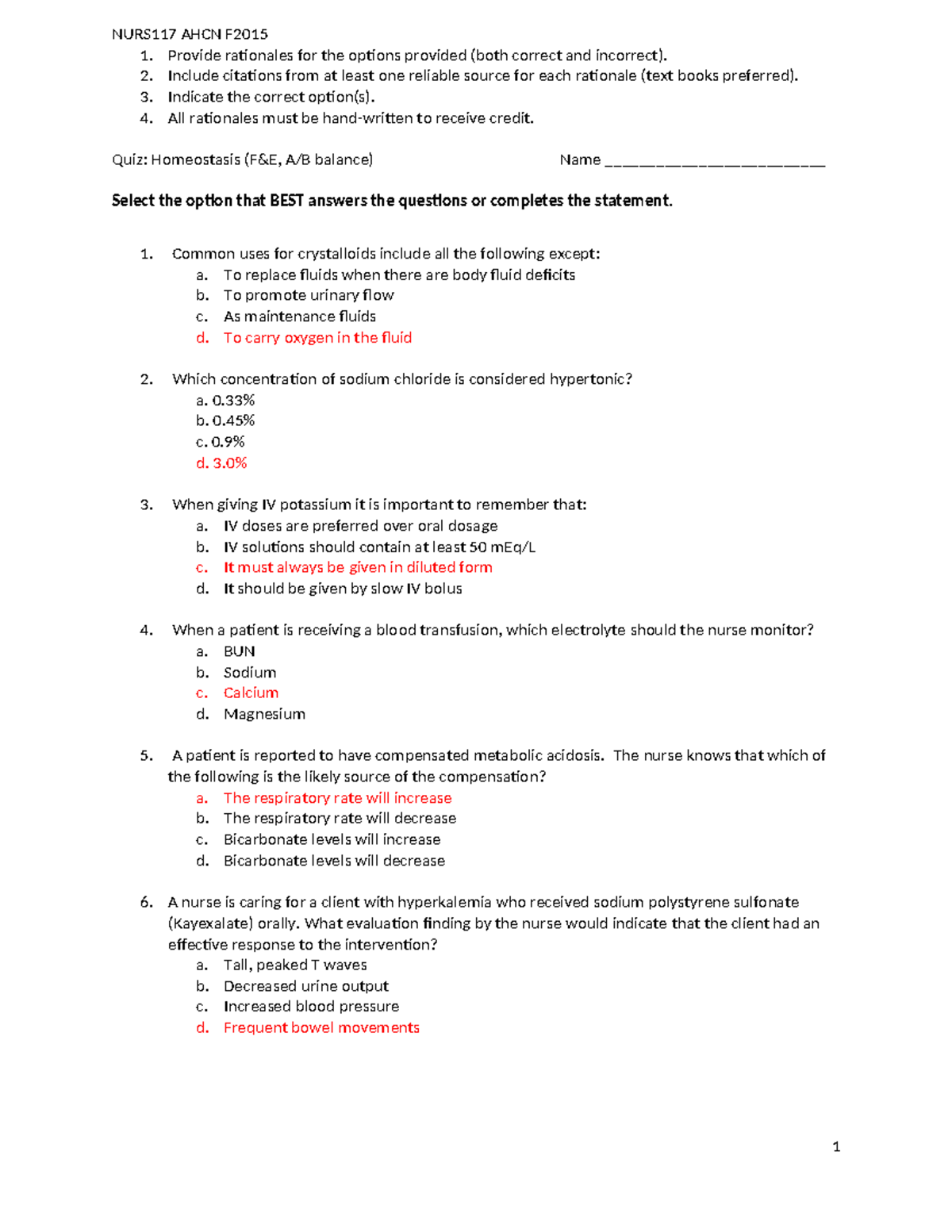 Quiz Homeostasis- Reverse-KEY - NURS117 AHCN F Provide rationales for ...
