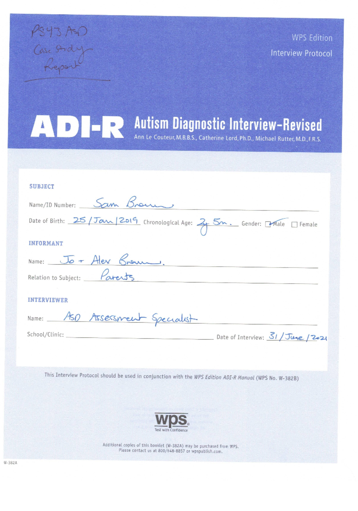 PSY3ASD 2021 Case Study Report - ADI-R (Partial Notes Summary Scores ...