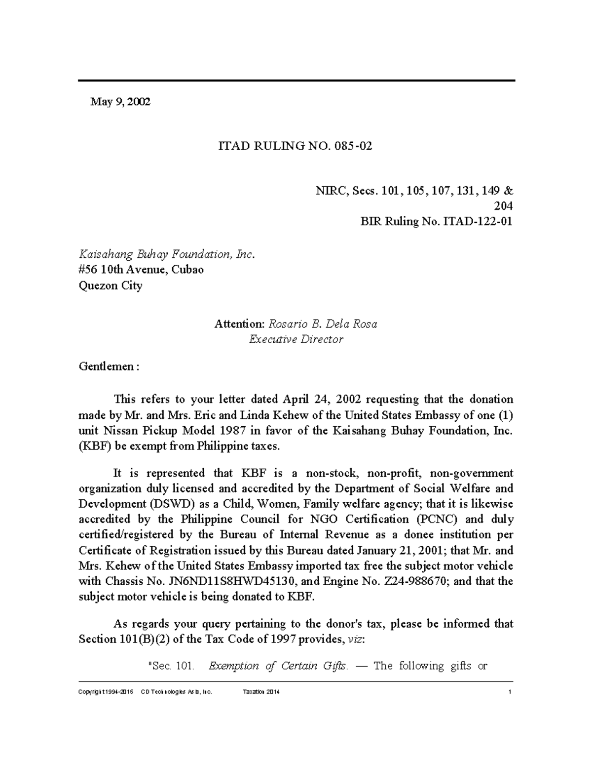 ITAD BIR Ruling No. 085-02 VAT Exempt Importation - May 9, 2002 ITAD ...