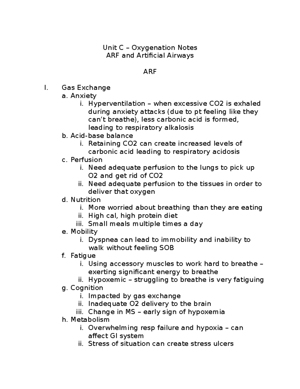 Acute Respiratory Failure Notes - Unit C – Oxygenation Notes ARF and ...