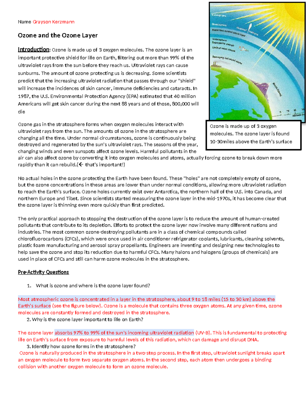 Ozone Modeling Lab Marsh Hampson - Name Grayson Kerzmann Ozone and the ...