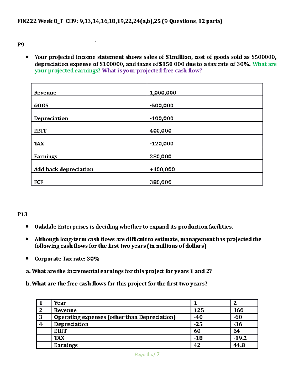 Week 8 T Q - tut work - FIN222 Week 8_T CH9: 9,13,14,16,18,19,22,24(a,b),25 (9 Questions, 12 ...
